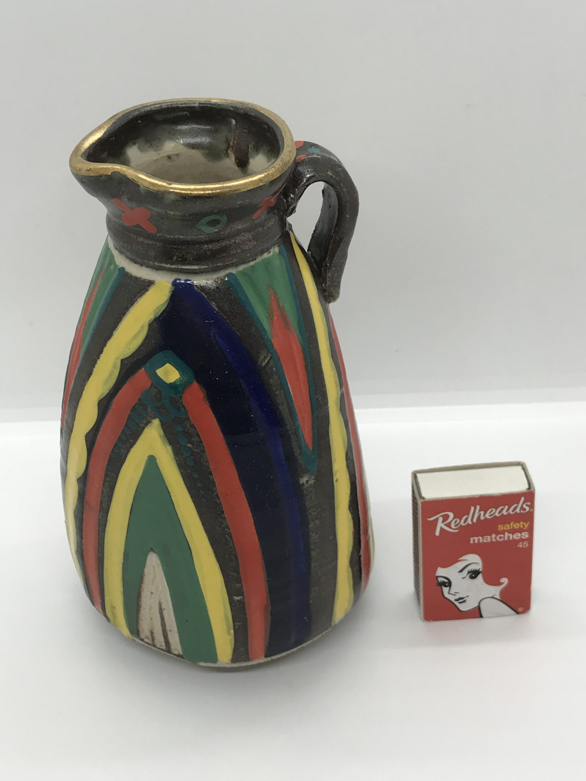 Hand Painted Folk Art Style Pottery Jug 18cm high - Vintage Keepsakes
