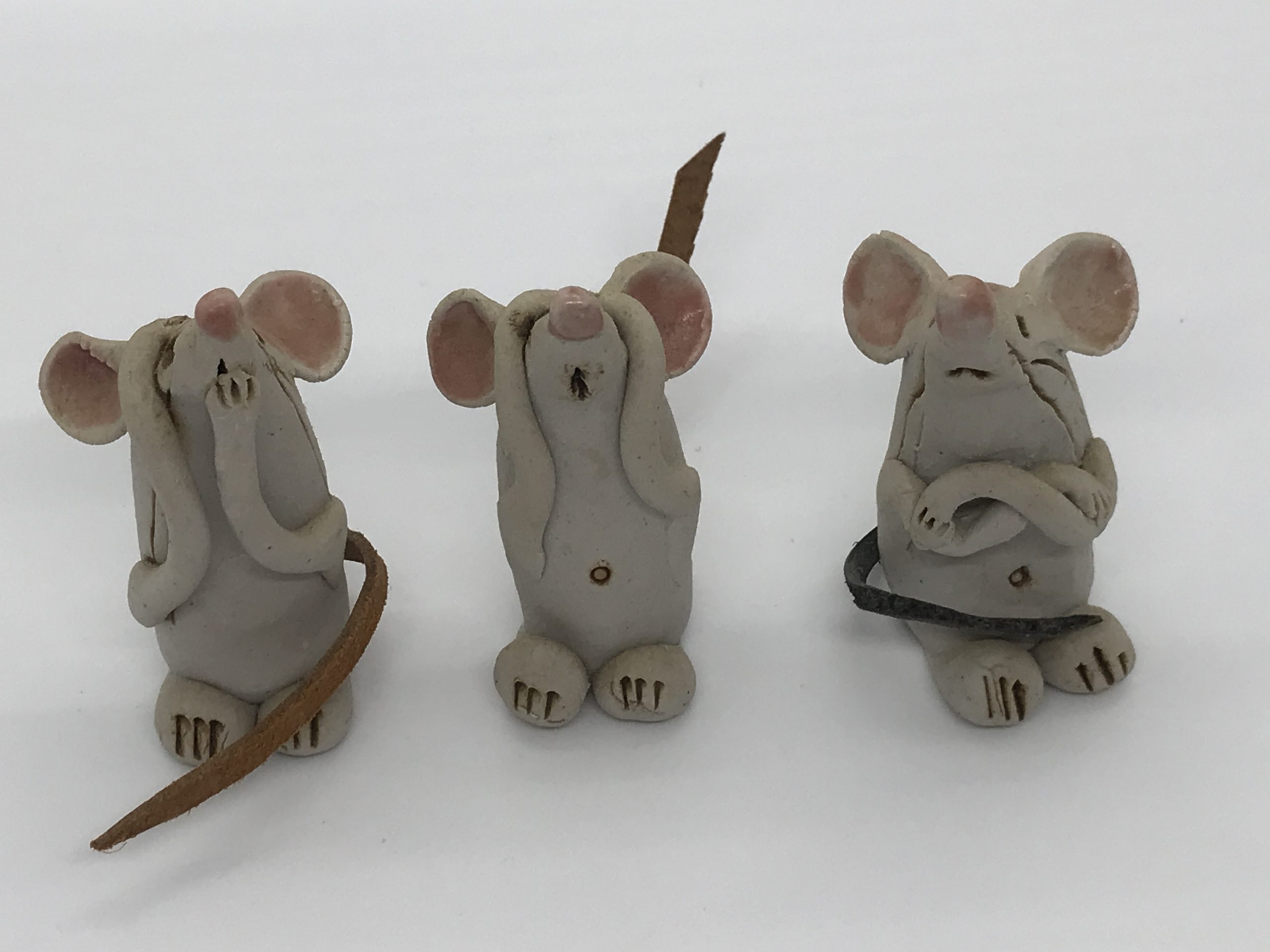 3 x Clay Comic Mice with Leather tails - stand 7cm tall - Vintage Keepsakes