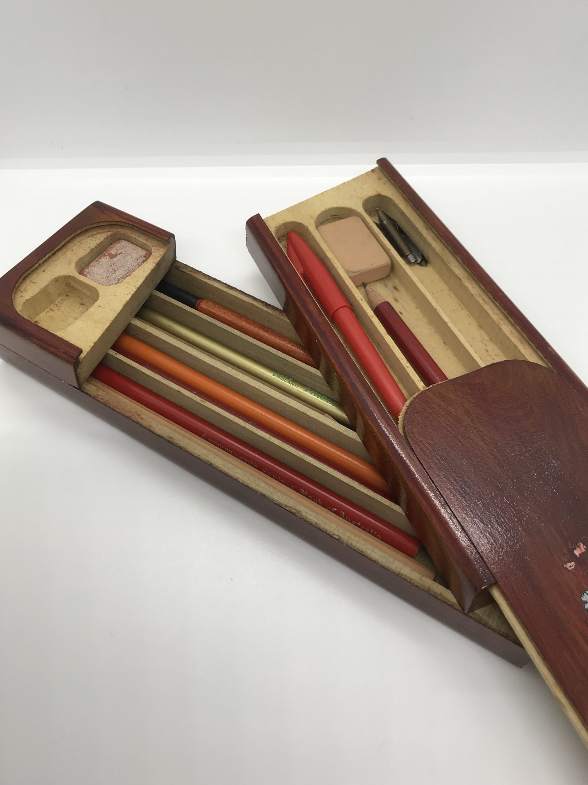 Vintage Wooden Sliding Lid Pencil Box Case with contents - Vintage ...