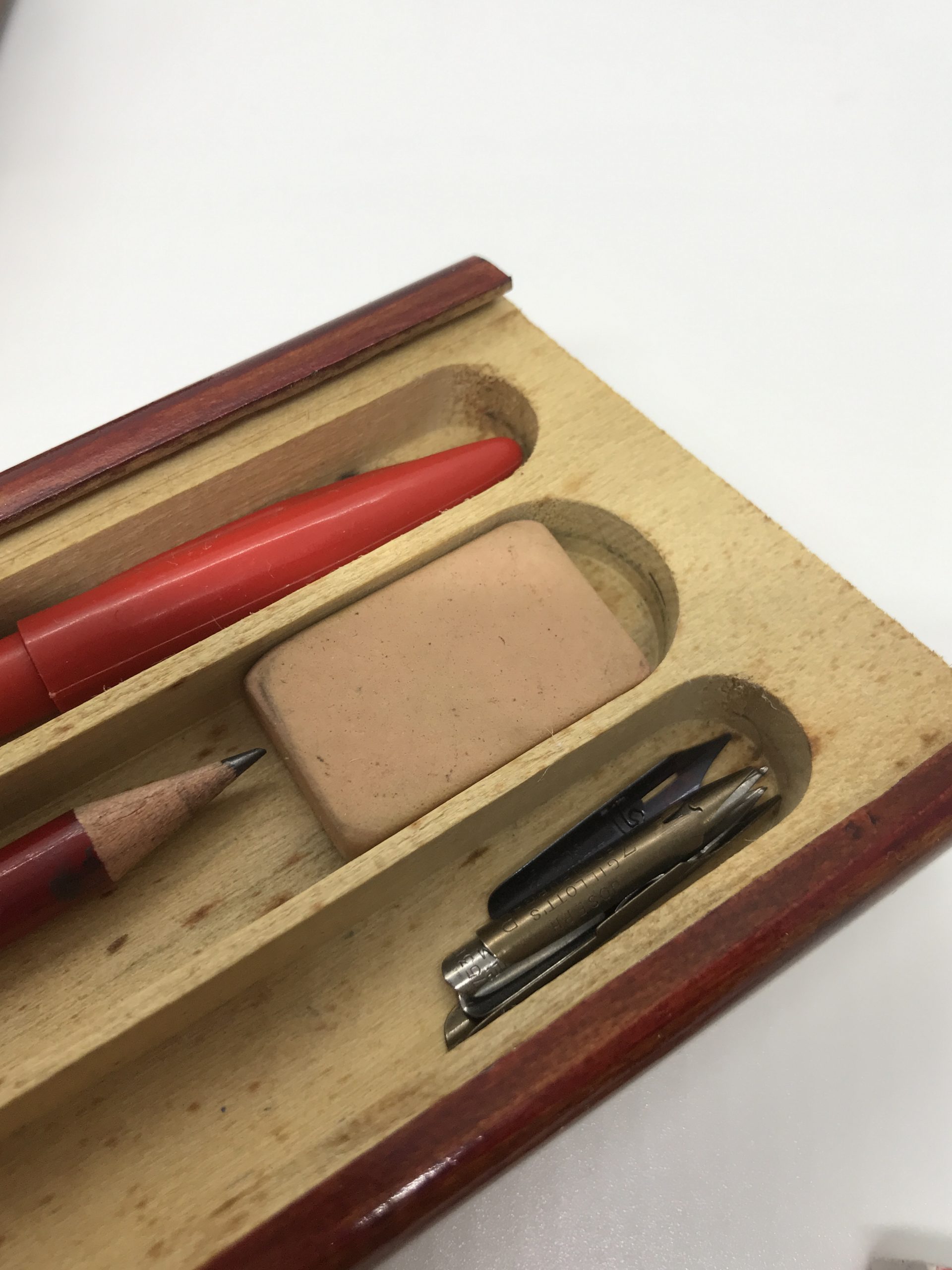 Vintage Wooden Sliding Lid Pencil Box Case with contents - Vintage ...