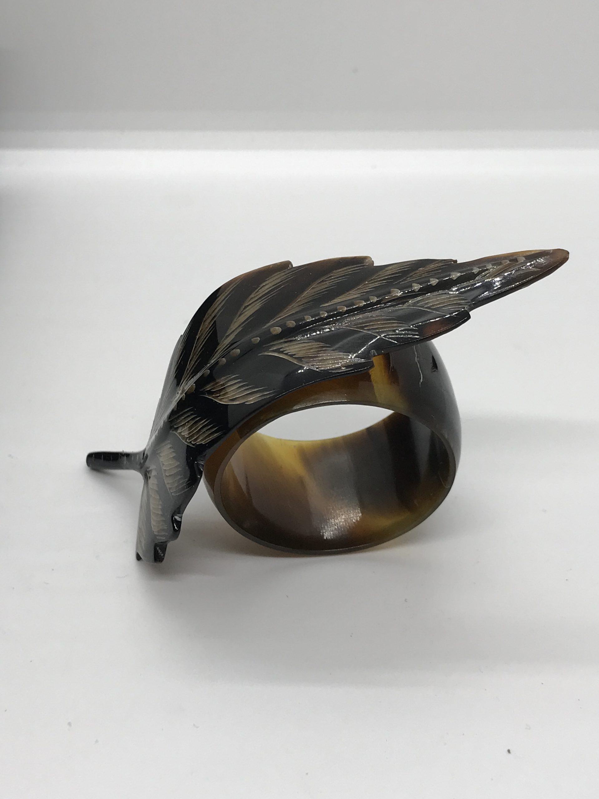 Set of 6 Cattle Horn Napkin Rings with Feather Overlay - Vintage Keepsakes