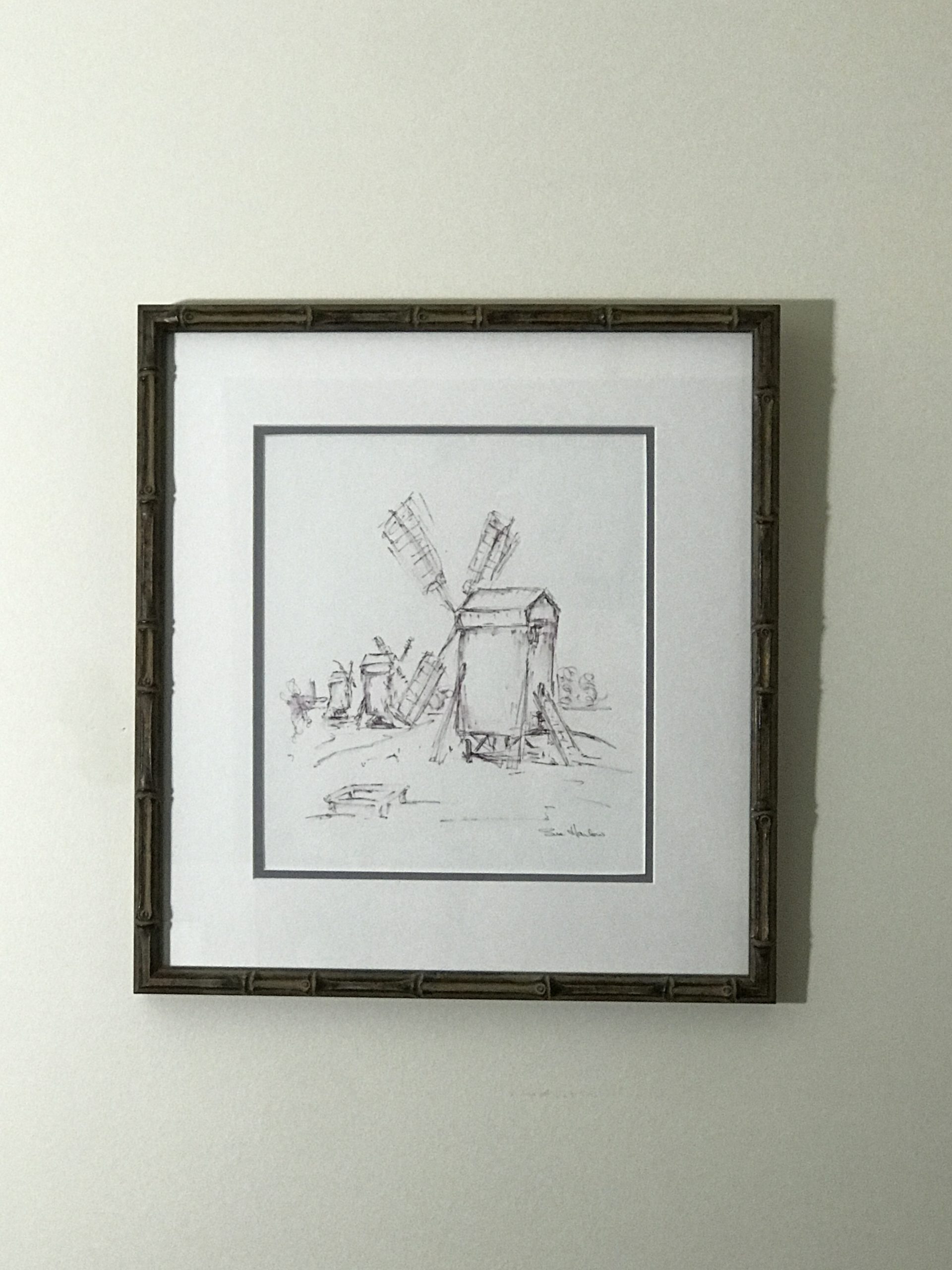 Framed ink drawing by Sue Harlow of windmills - Vintage Keepsakes