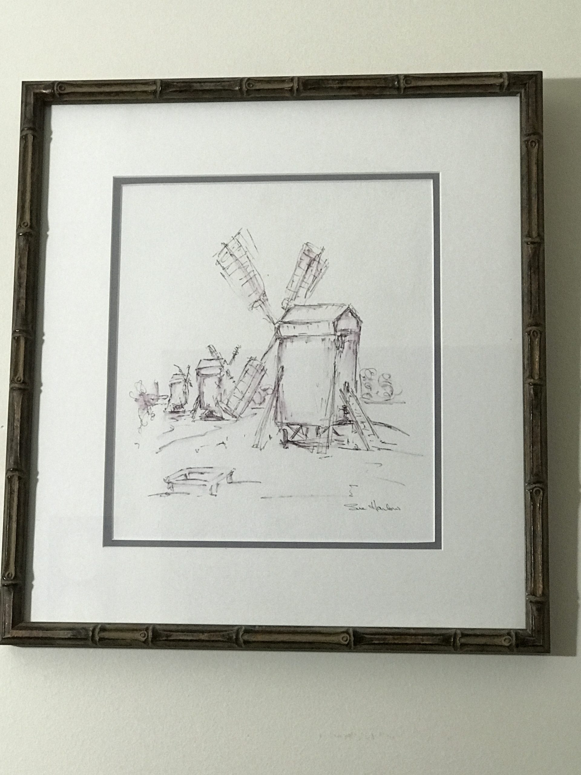 Framed ink drawing by Sue Harlow of windmills - Vintage Keepsakes