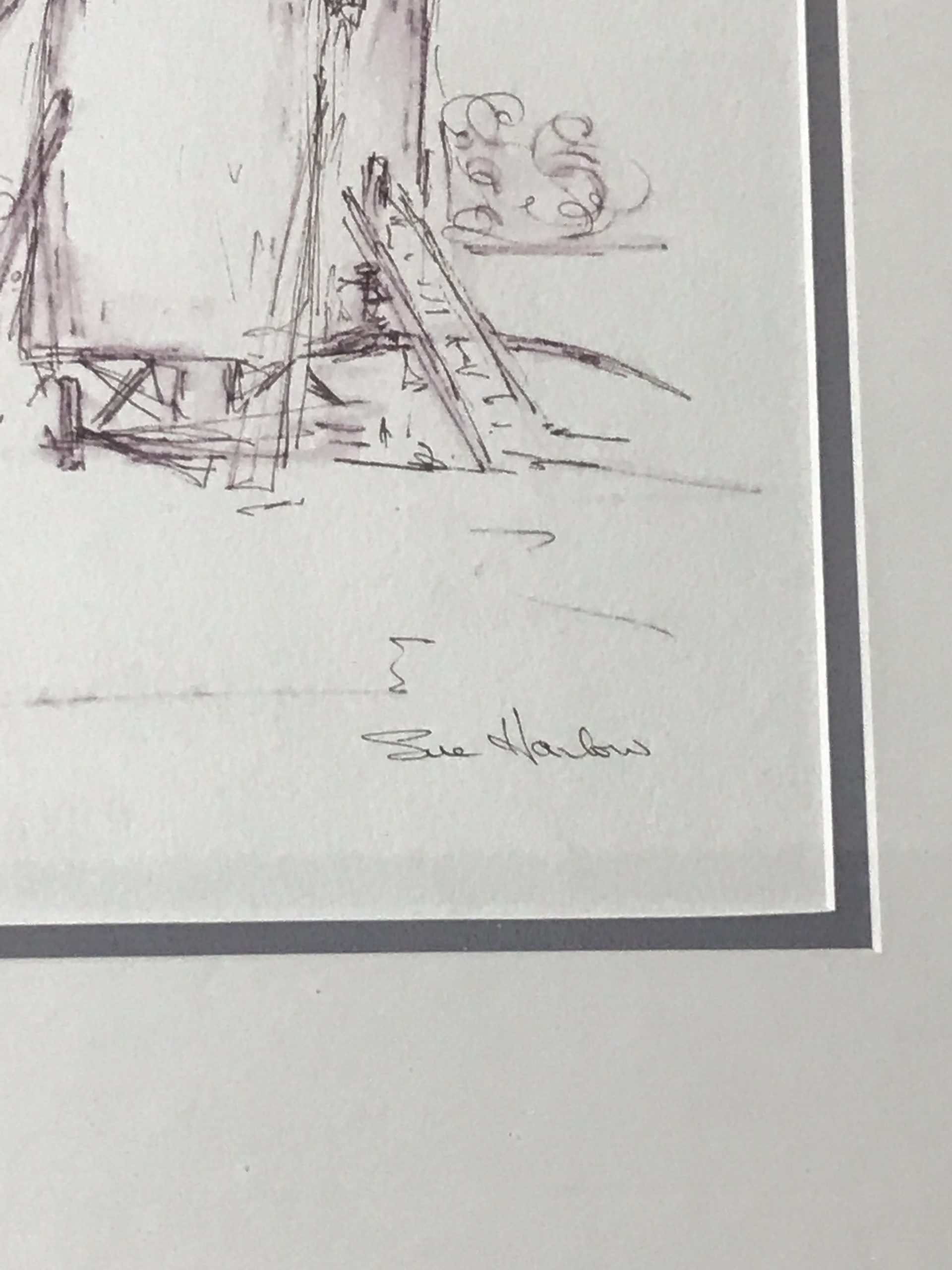 Framed ink drawing by Sue Harlow of windmills - Vintage Keepsakes