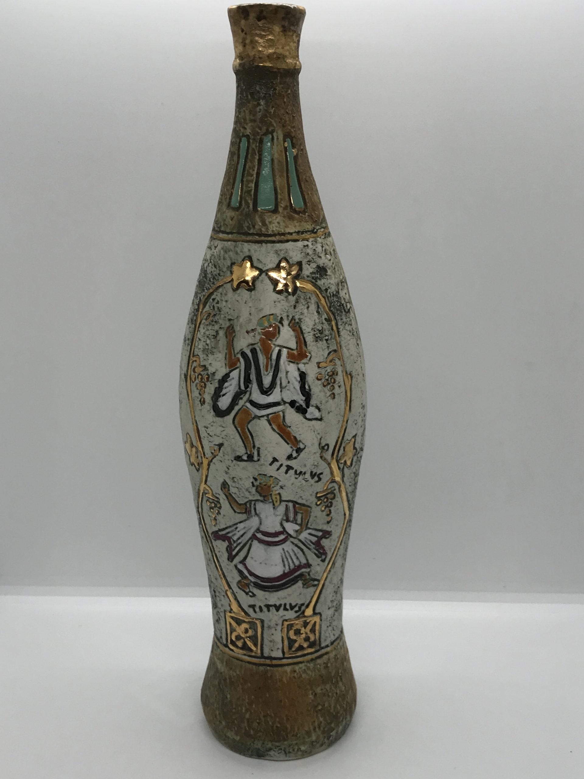Vintage Titvlvs (Titulus) Ceramic Stoneware Bottle with Roman turquise and gold features ...