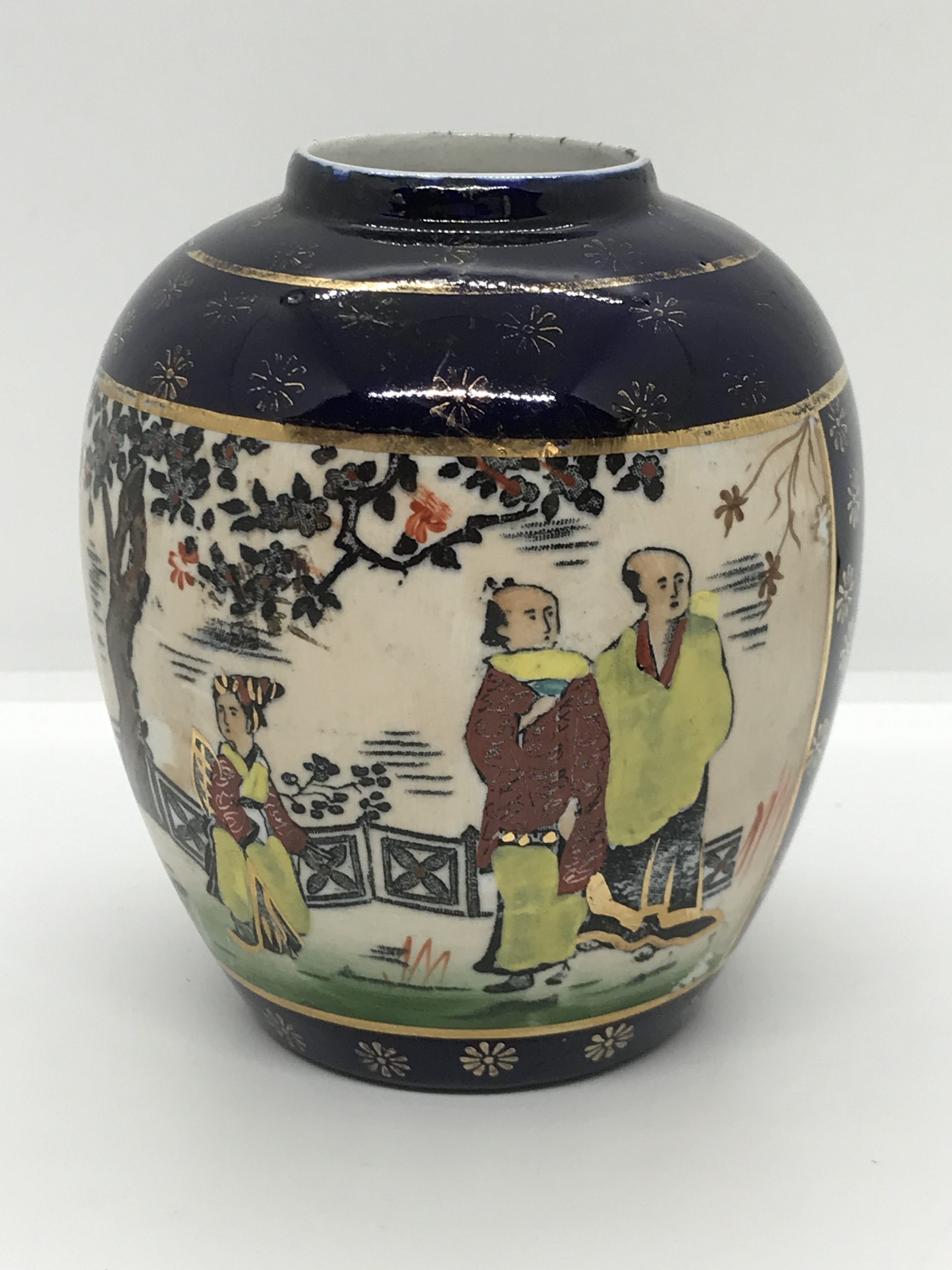 Vintage Japanese Style Blue Pottery Vase with handpainted Rural Scene ...