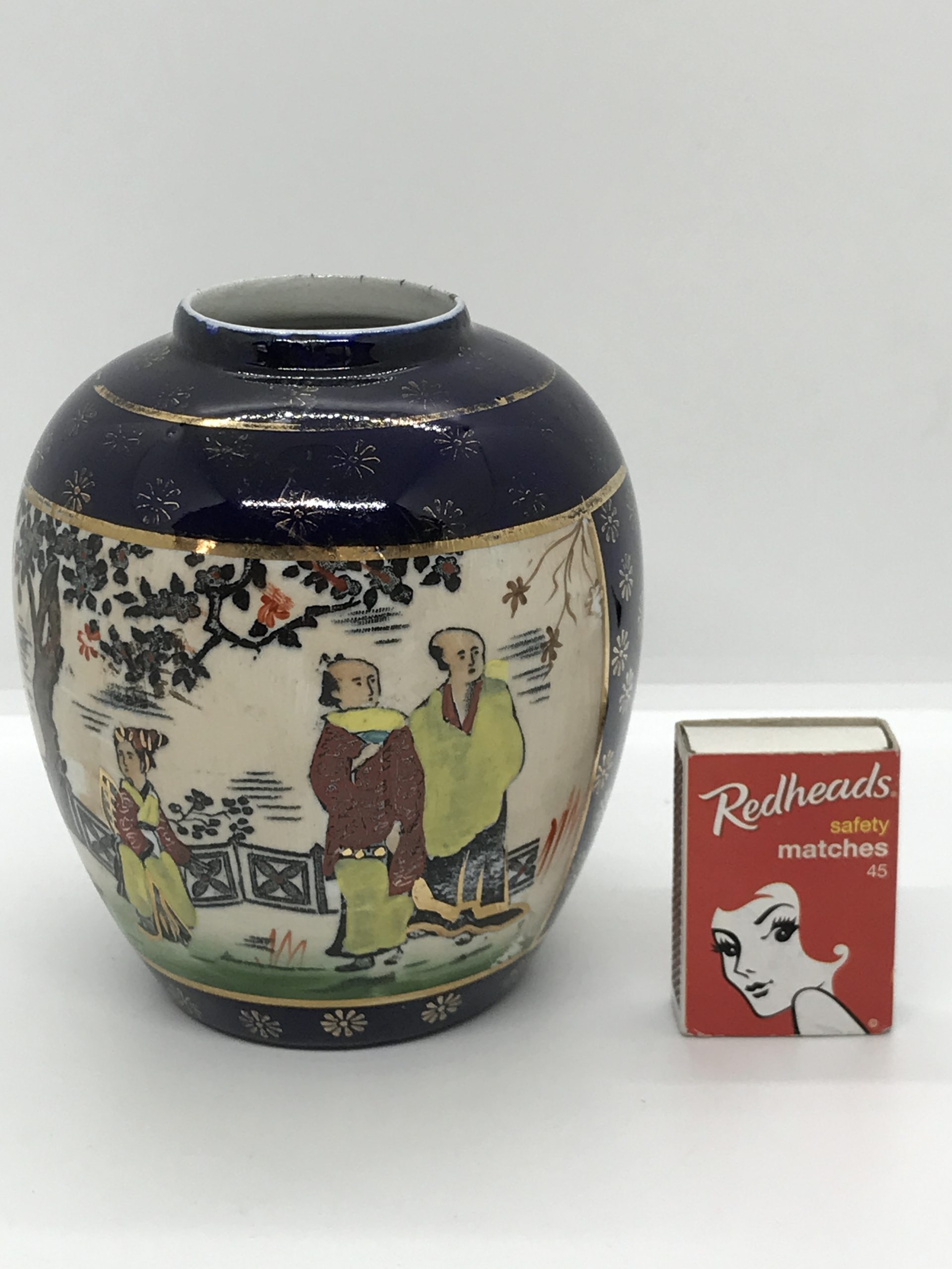 Vintage Japanese Style Blue Pottery Vase with handpainted Rural Scene ...