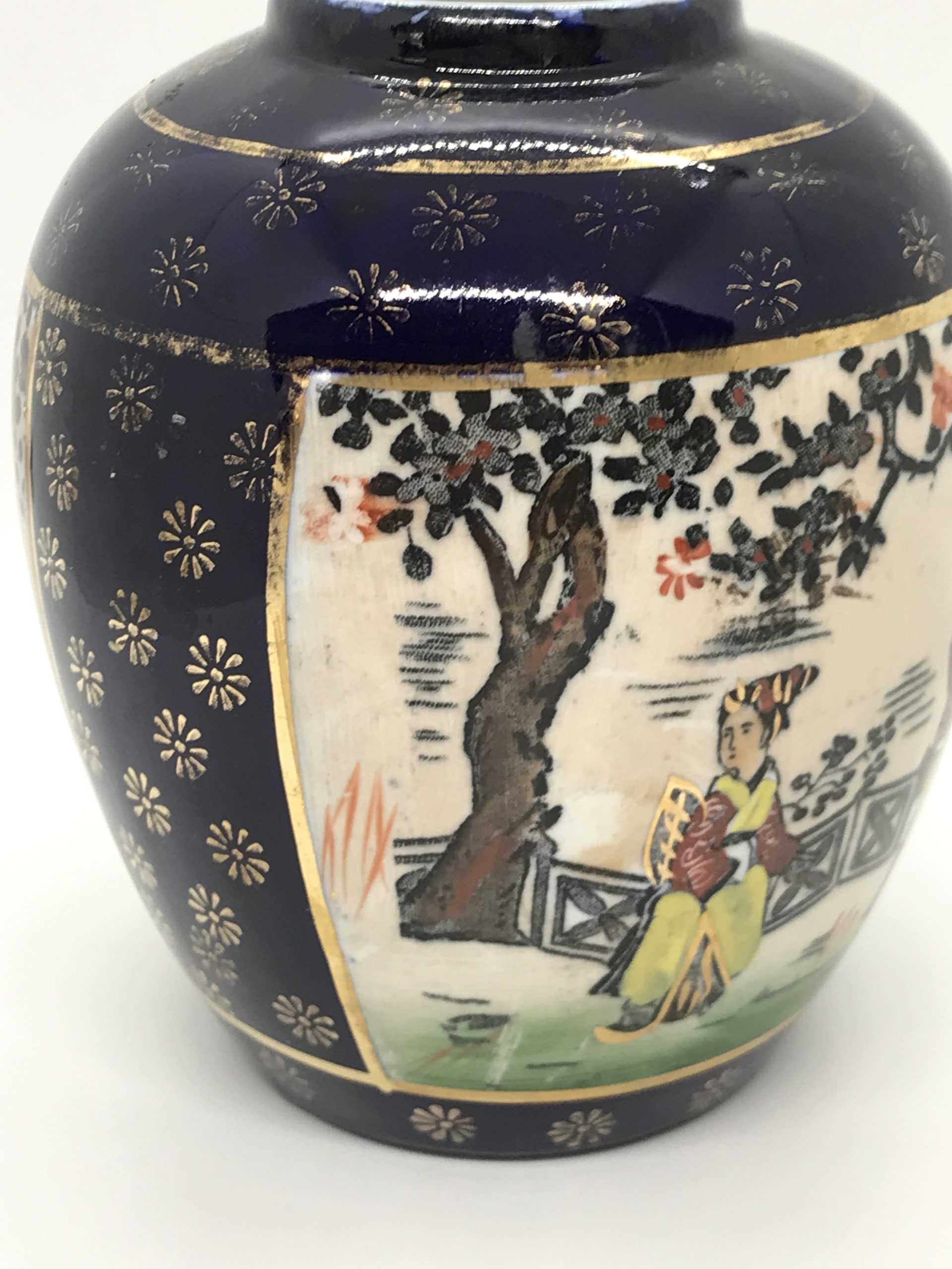 Vintage Japanese Style Blue Pottery Vase with handpainted Rural Scene ...