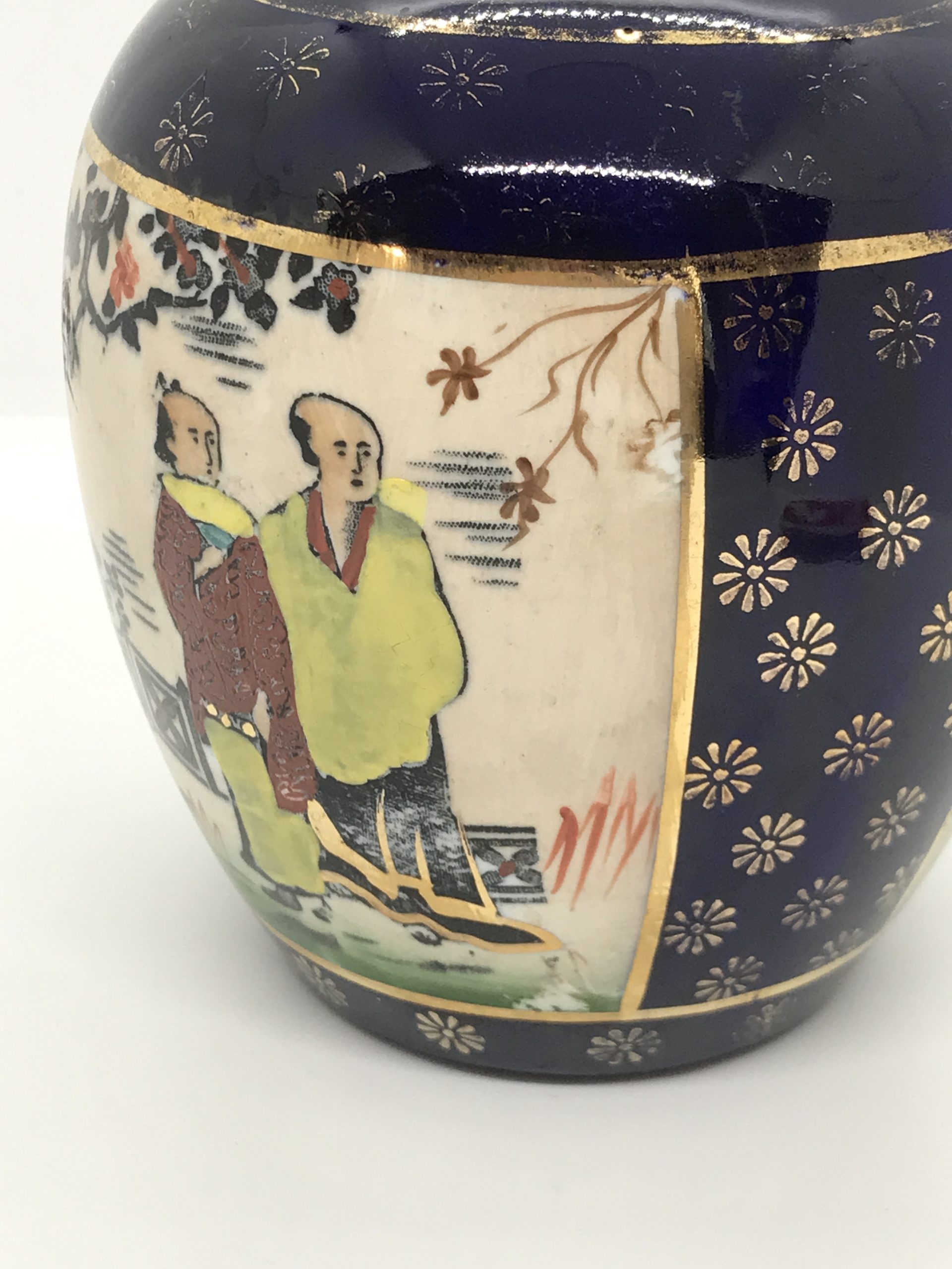 Vintage Japanese Style Blue Pottery Vase with handpainted Rural Scene ...