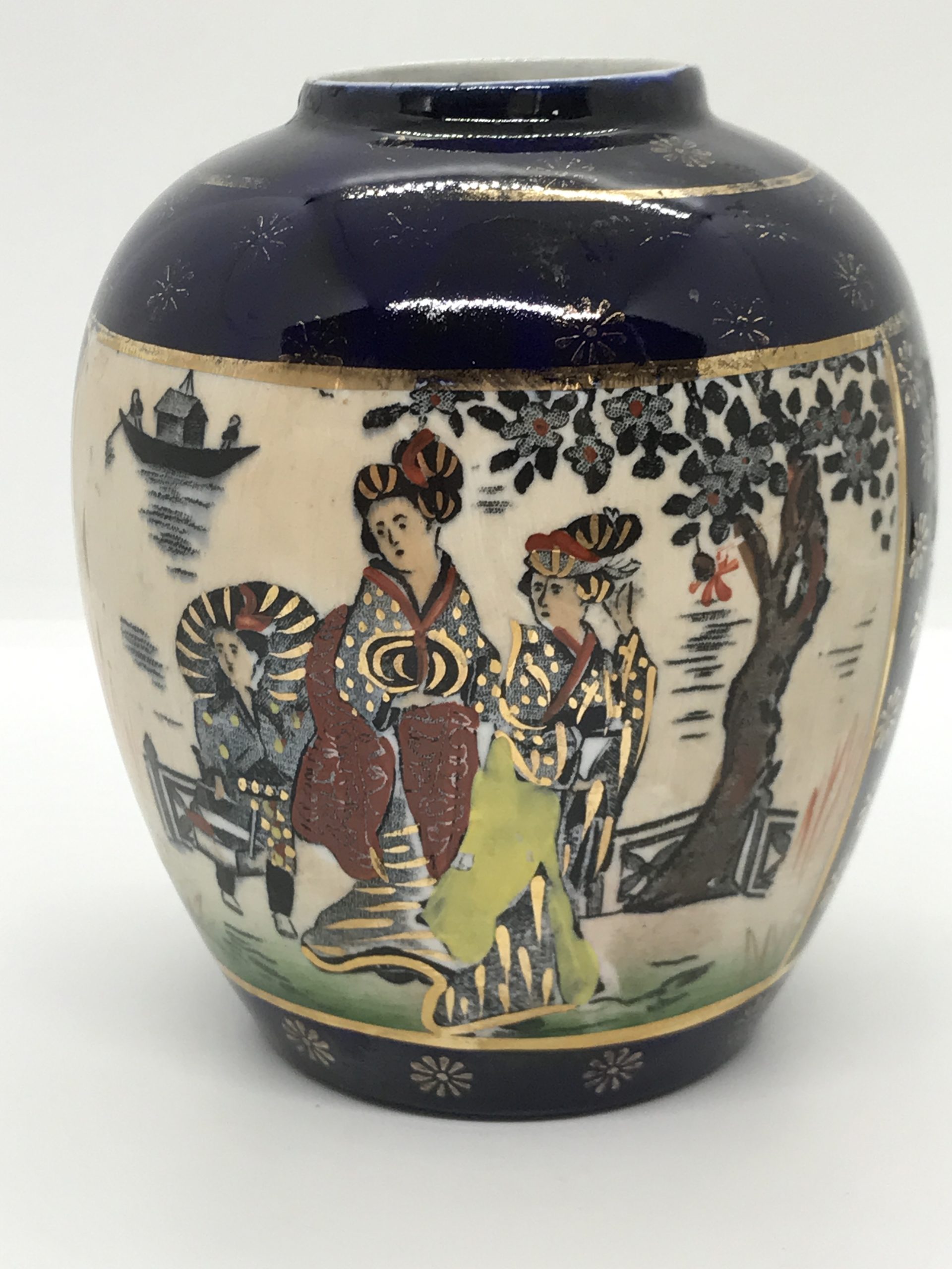 Vintage Japanese Style Blue Pottery Vase with handpainted Rural Scene ...