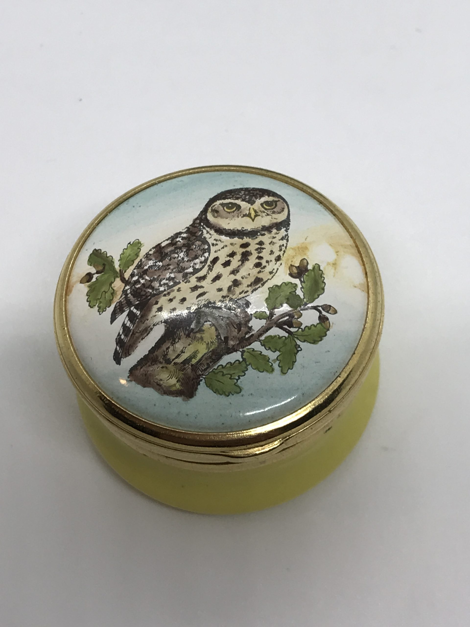 Bilston and Battersea Enamels Owl Enamel Pill Box (in original box ...