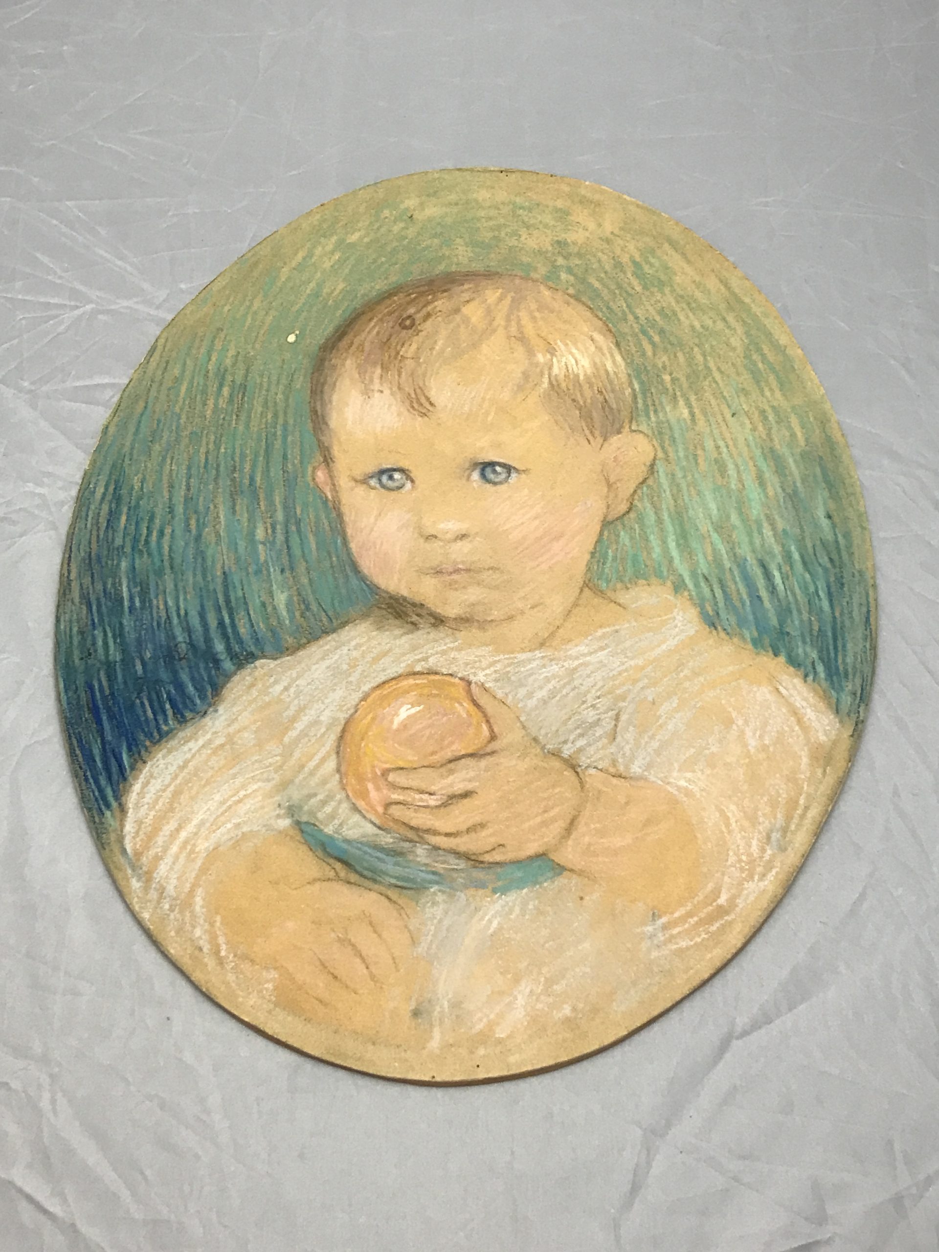 Oval Chalk Drawing of Boy Holding Orange 44cm x 36cm - Vintage Keepsakes