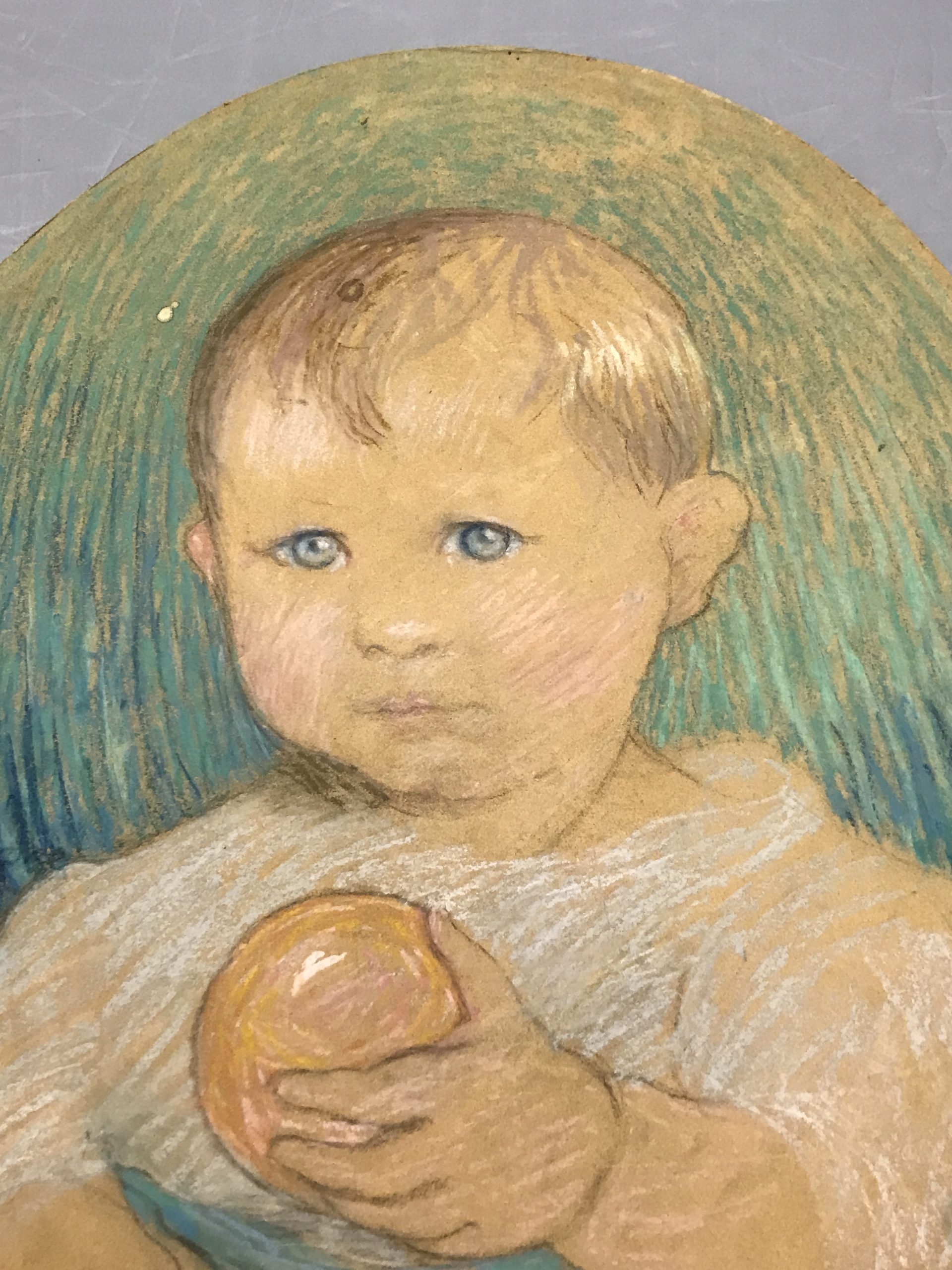 Oval Chalk Drawing of Boy Holding Orange 44cm x 36cm - Vintage Keepsakes