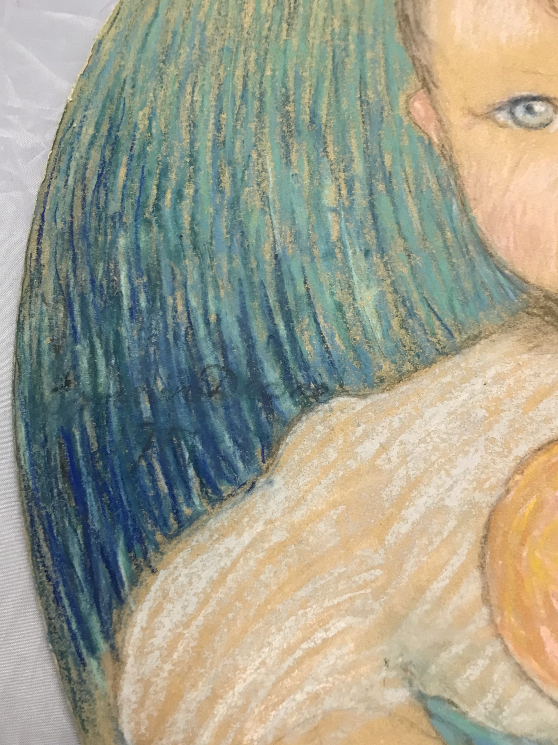 Oval Chalk Drawing of Boy Holding Orange 44cm x 36cm - Vintage Keepsakes