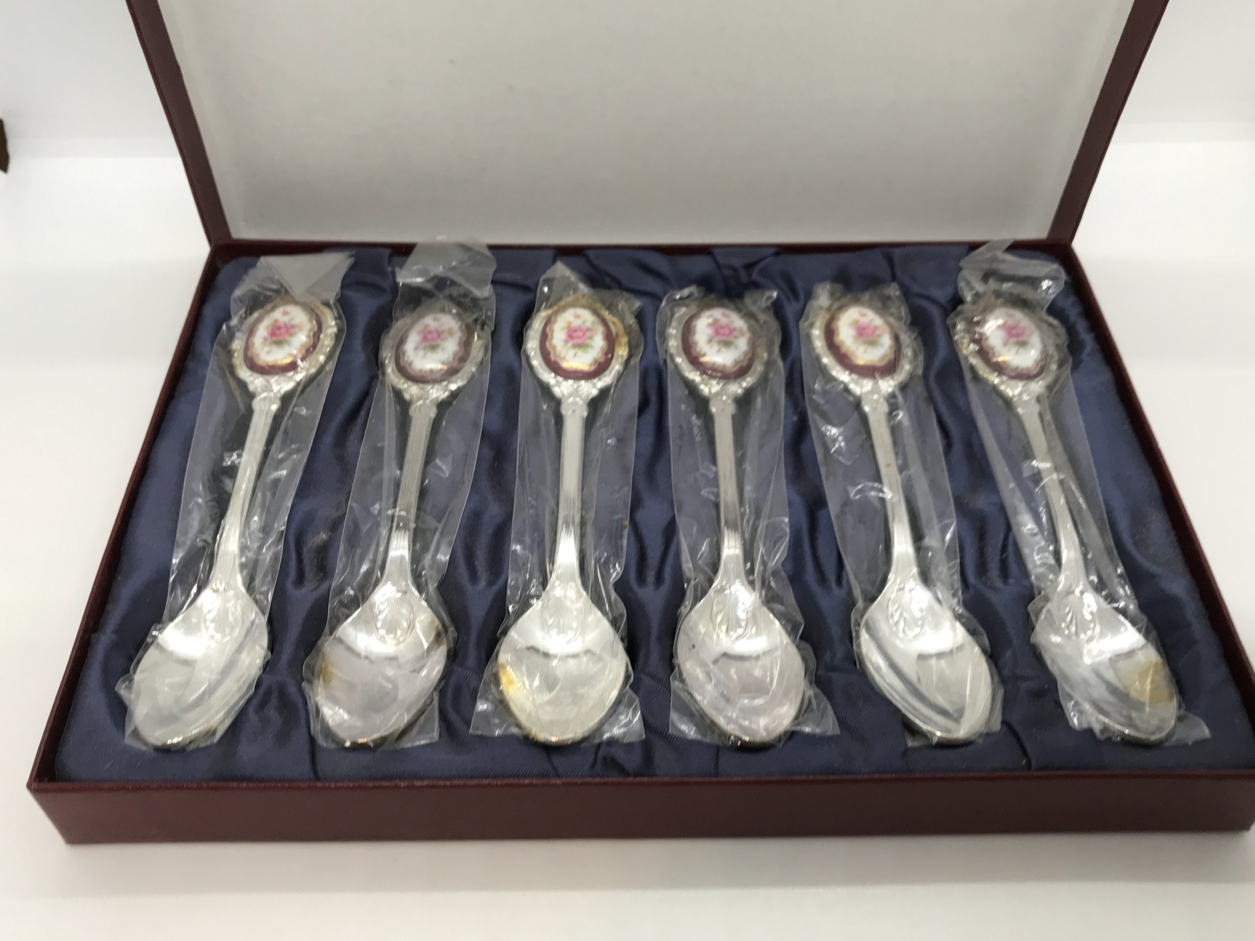 Boxed Porcelain Rose Silver Plated Teaspoon - Set of 6 - Vintage Keepsakes