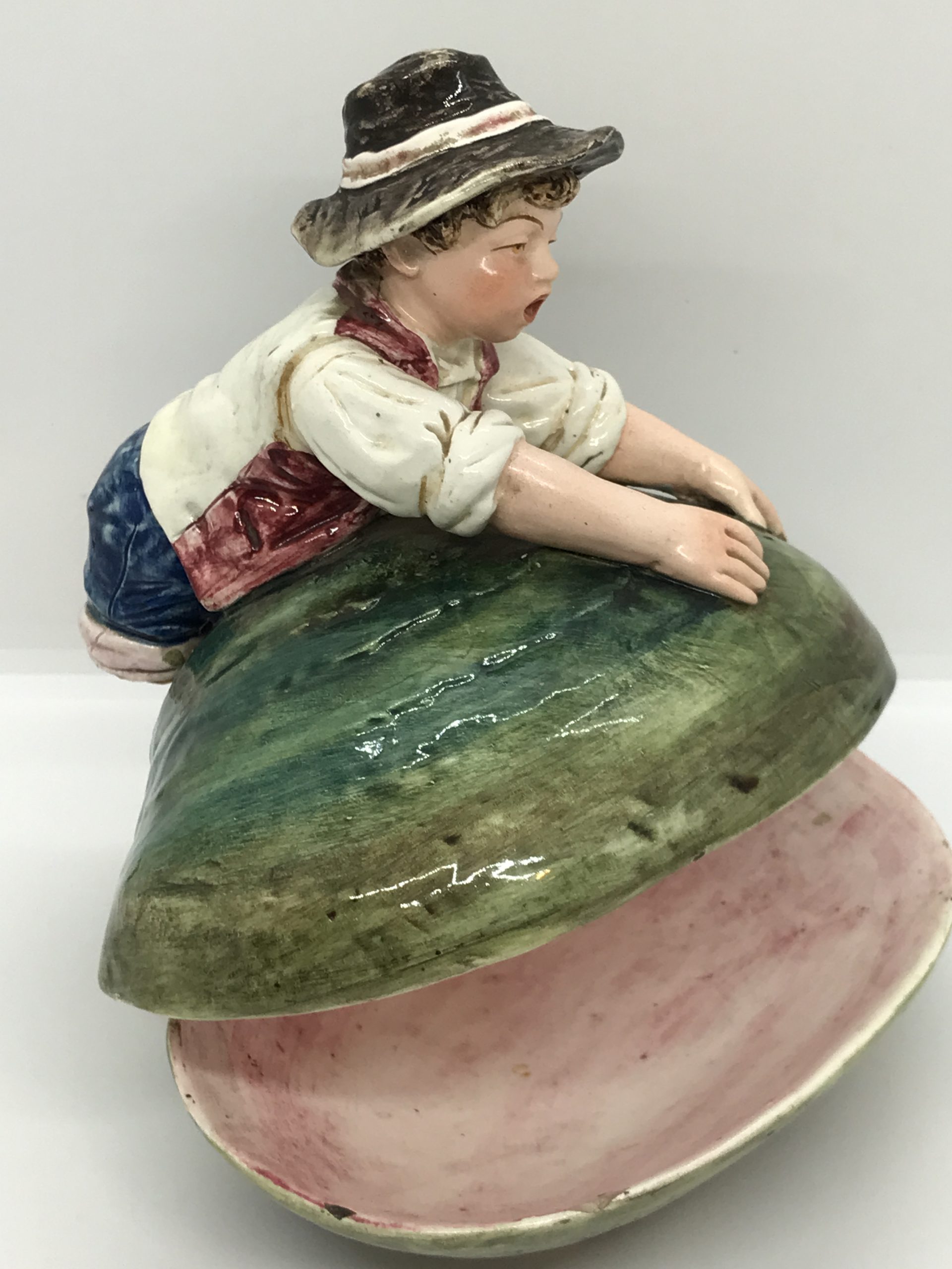 Ceramic Boy holding shell open 18cm high (leg broken off) - Vintage ...
