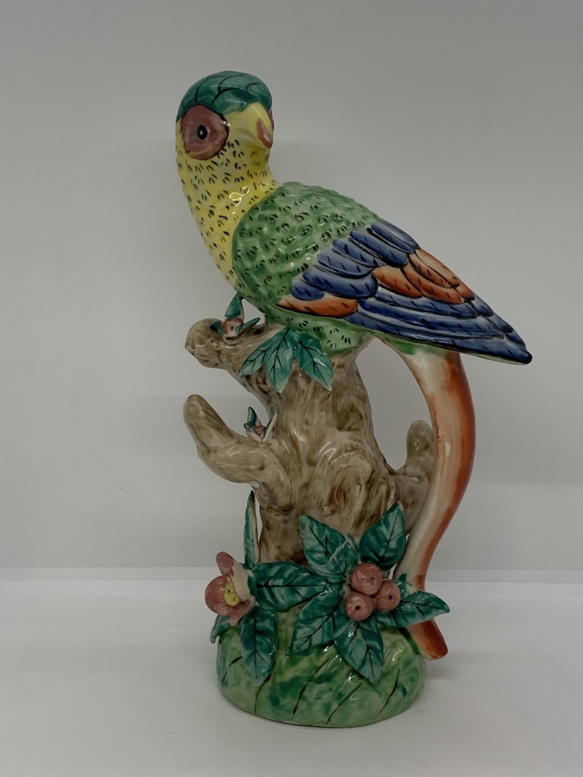 Majolica Style Pottery Parrot on Tree Stump 25cm high (one leaf ...