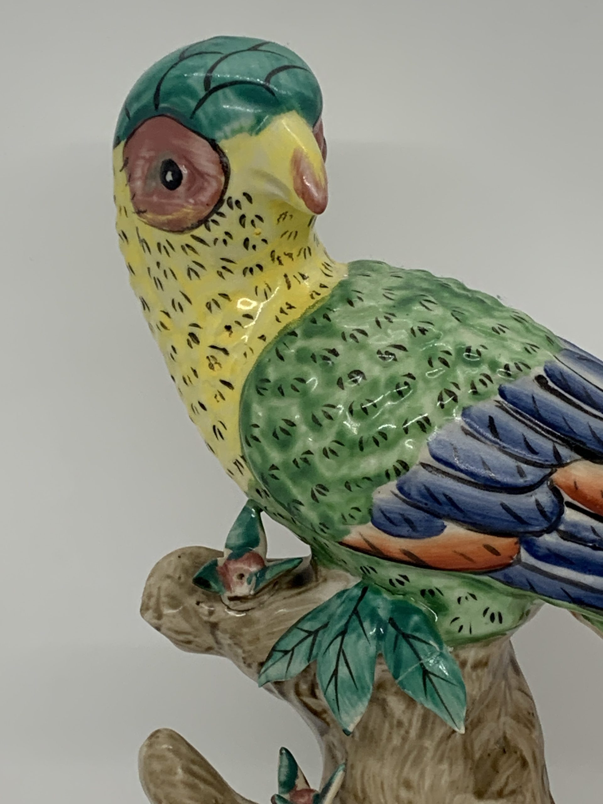 Majolica Style Pottery Parrot on Tree Stump 25cm high (one leaf ...