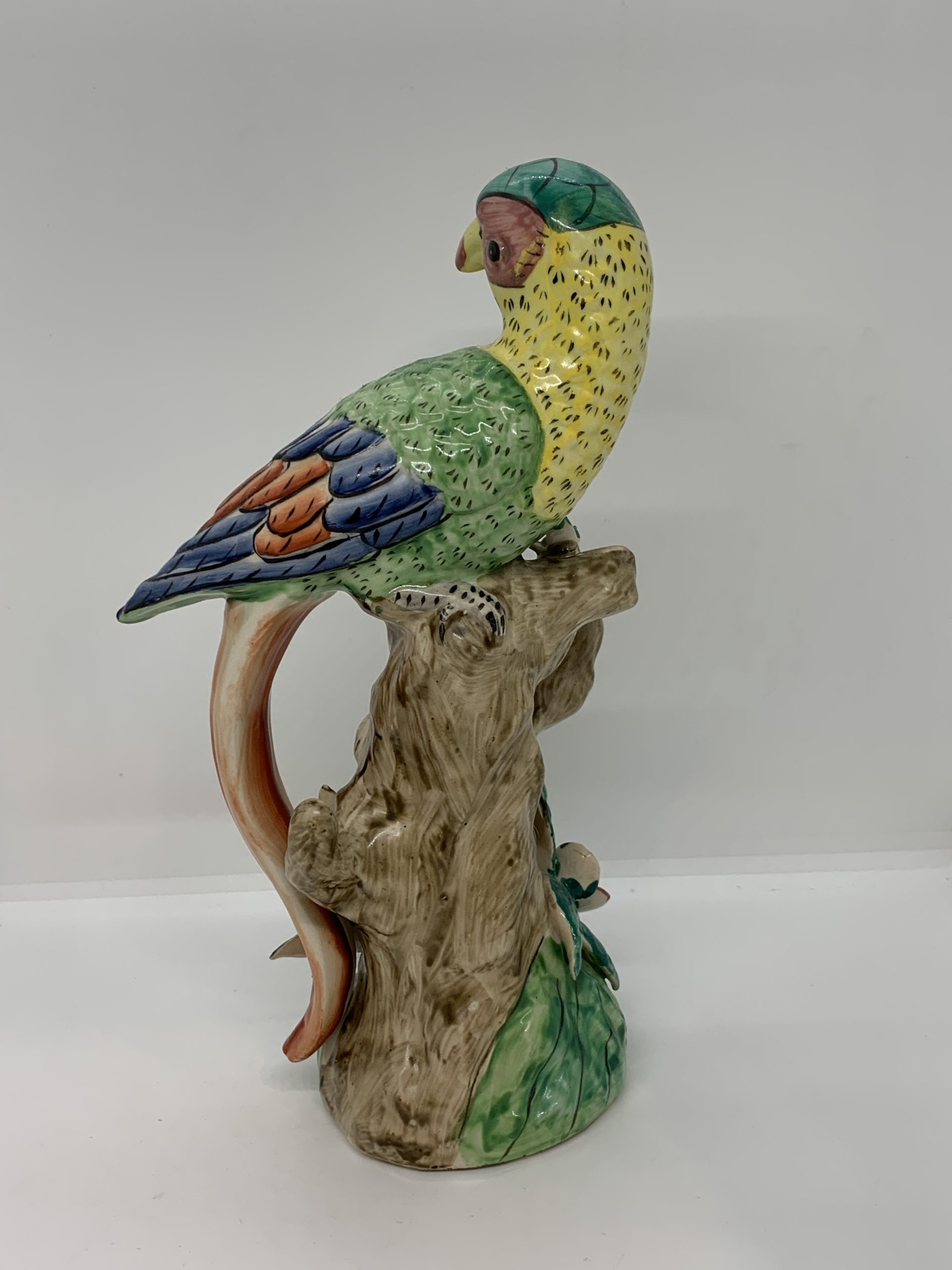 Majolica Style Pottery Parrot on Tree Stump 25cm high (one leaf ...