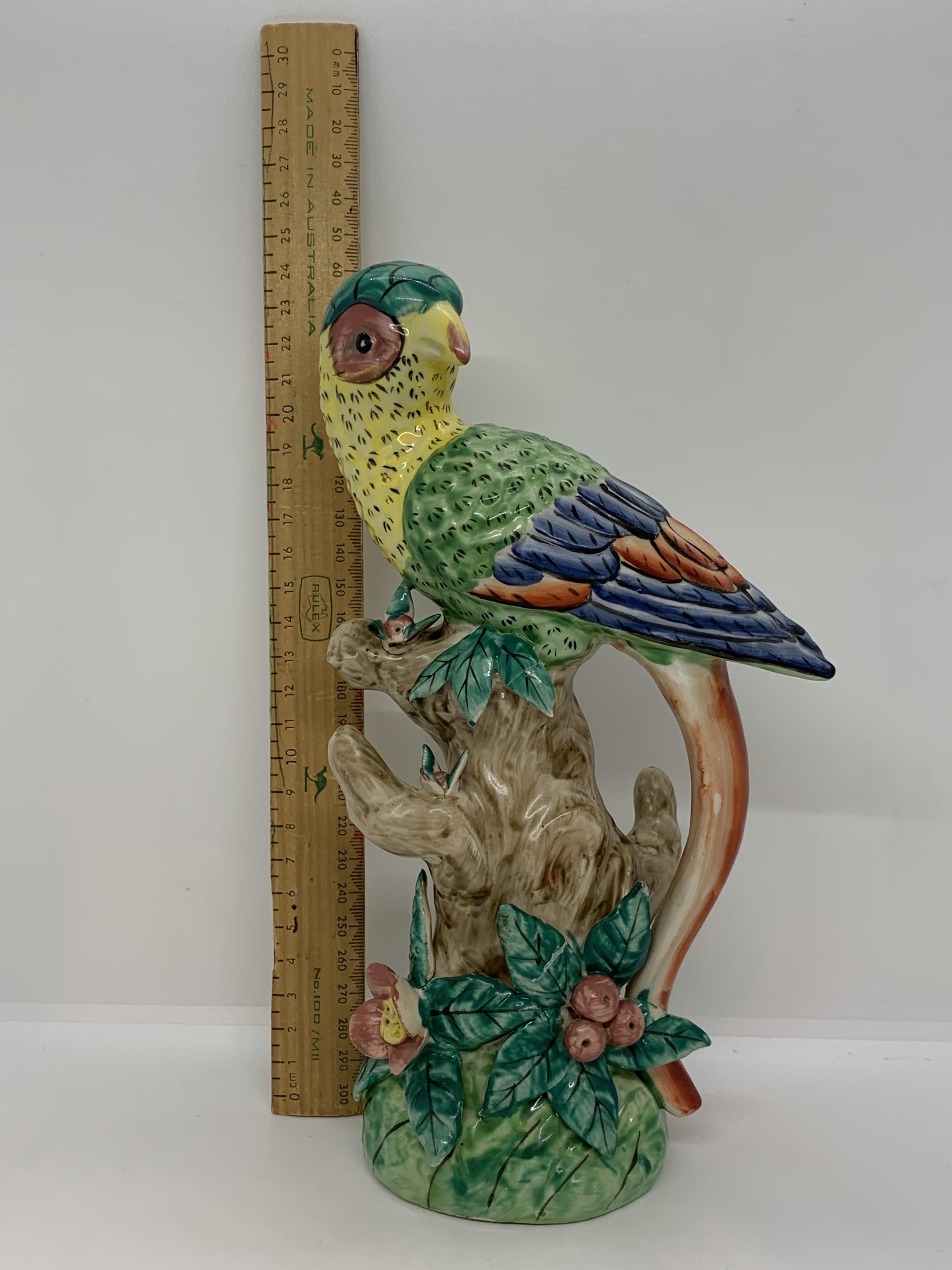 Majolica Style Pottery Parrot on Tree Stump 25cm high (one leaf ...