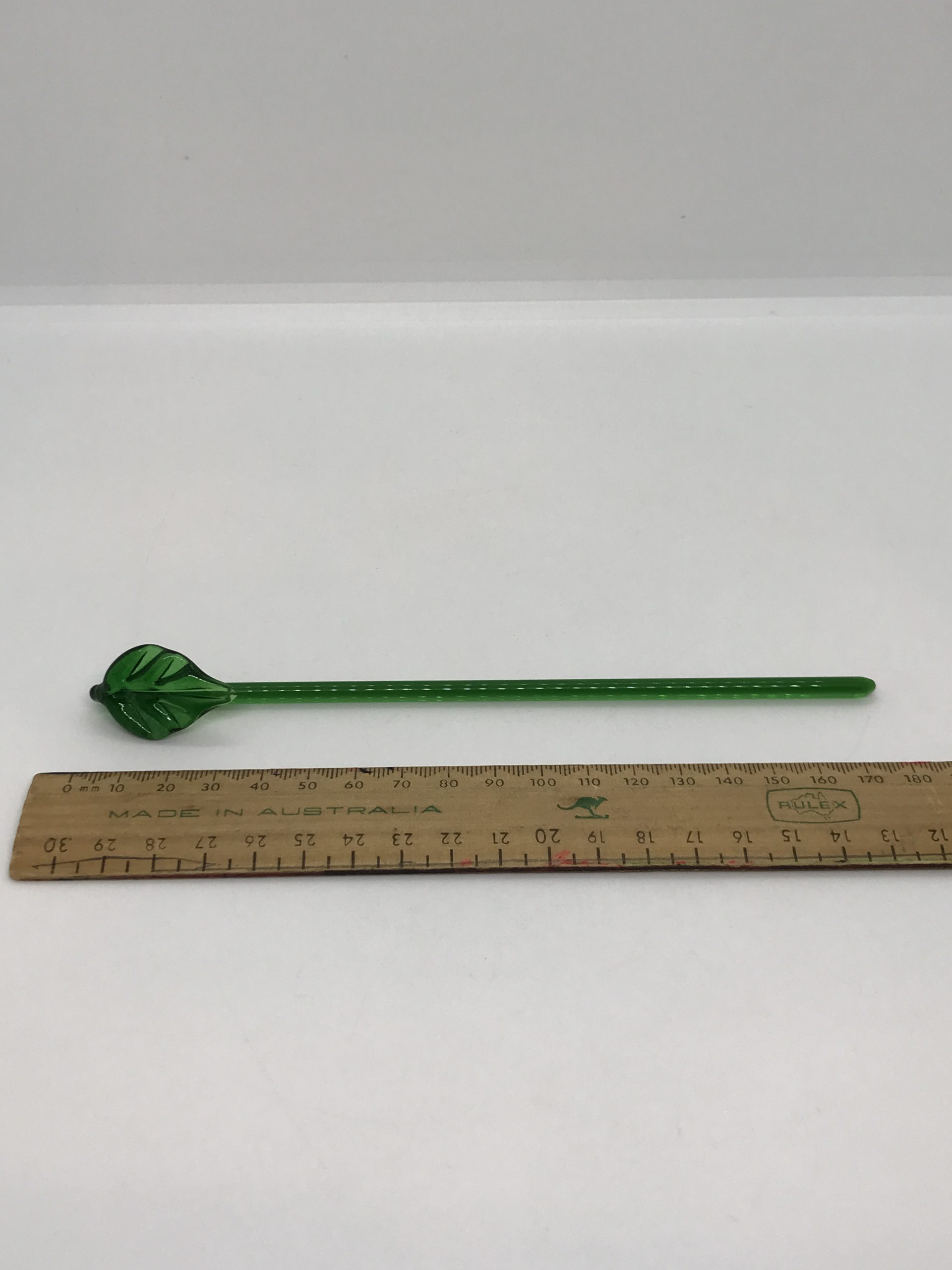 Green Glass Leaf Swizzle - 18cm long - Vintage Keepsakes