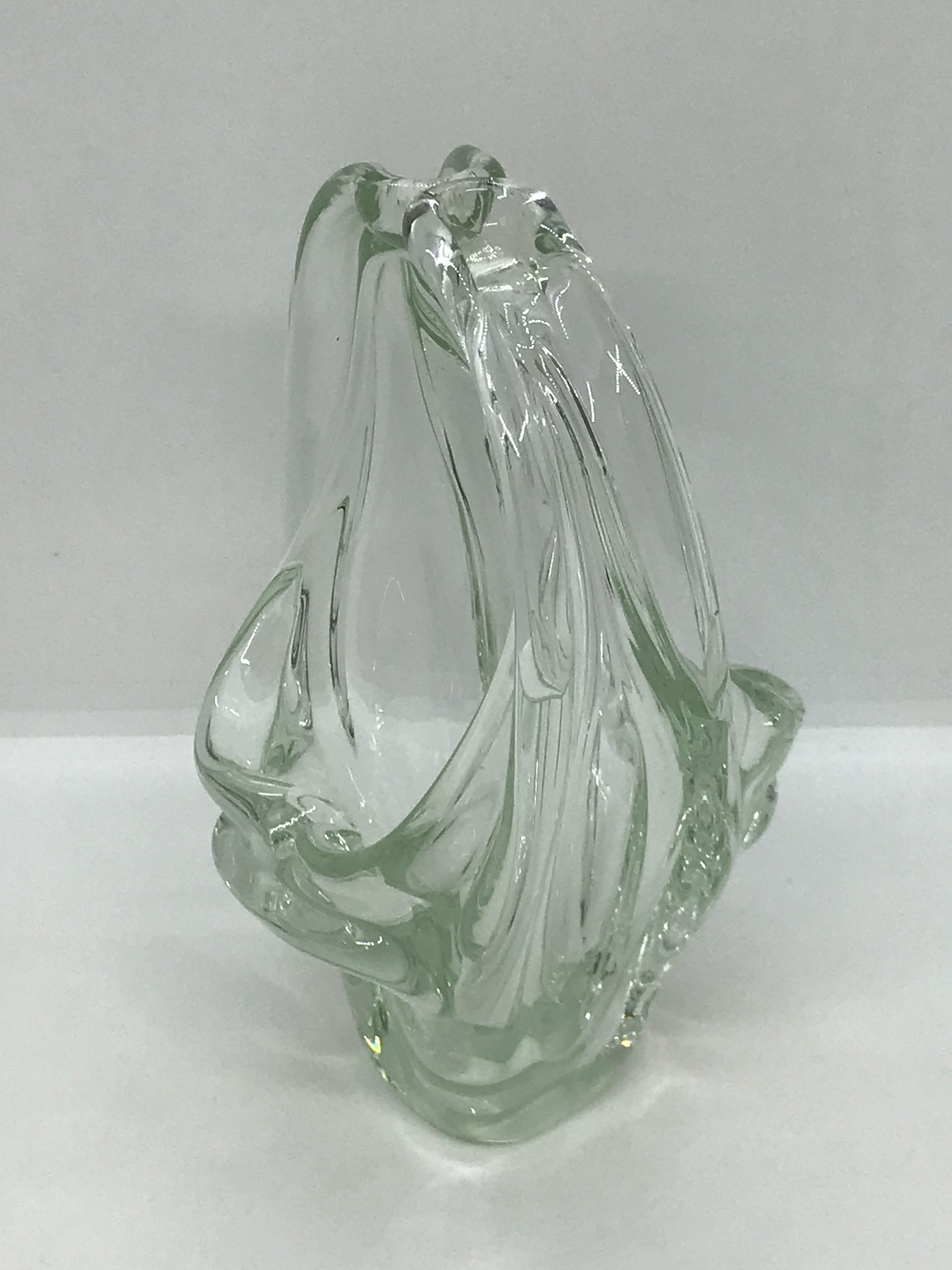 Murano Style Stretched Glass Basket Form Vase Clear with Green Tint ...