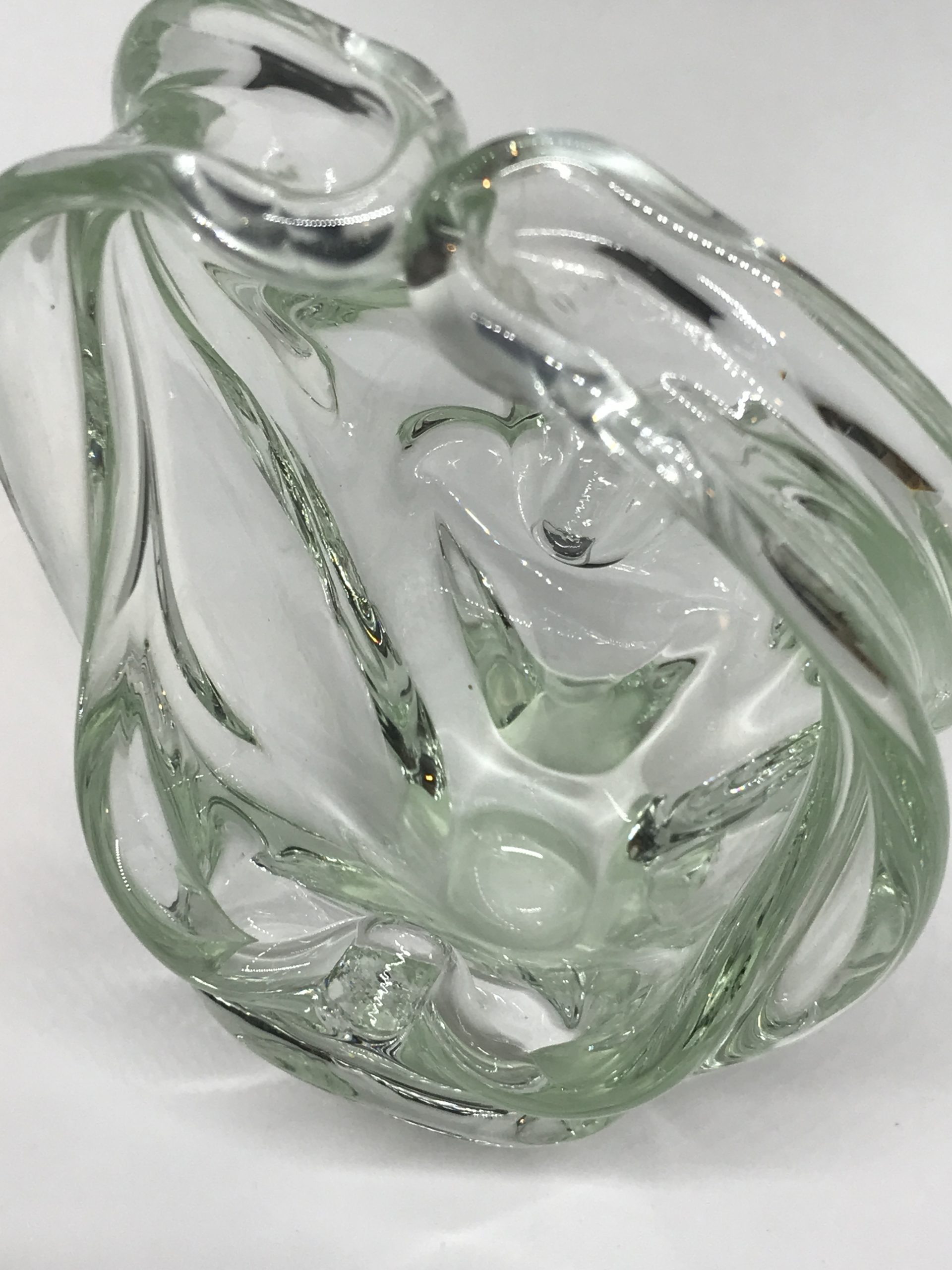 Murano Style Stretched Glass Basket Form Vase Clear with Green Tint ...