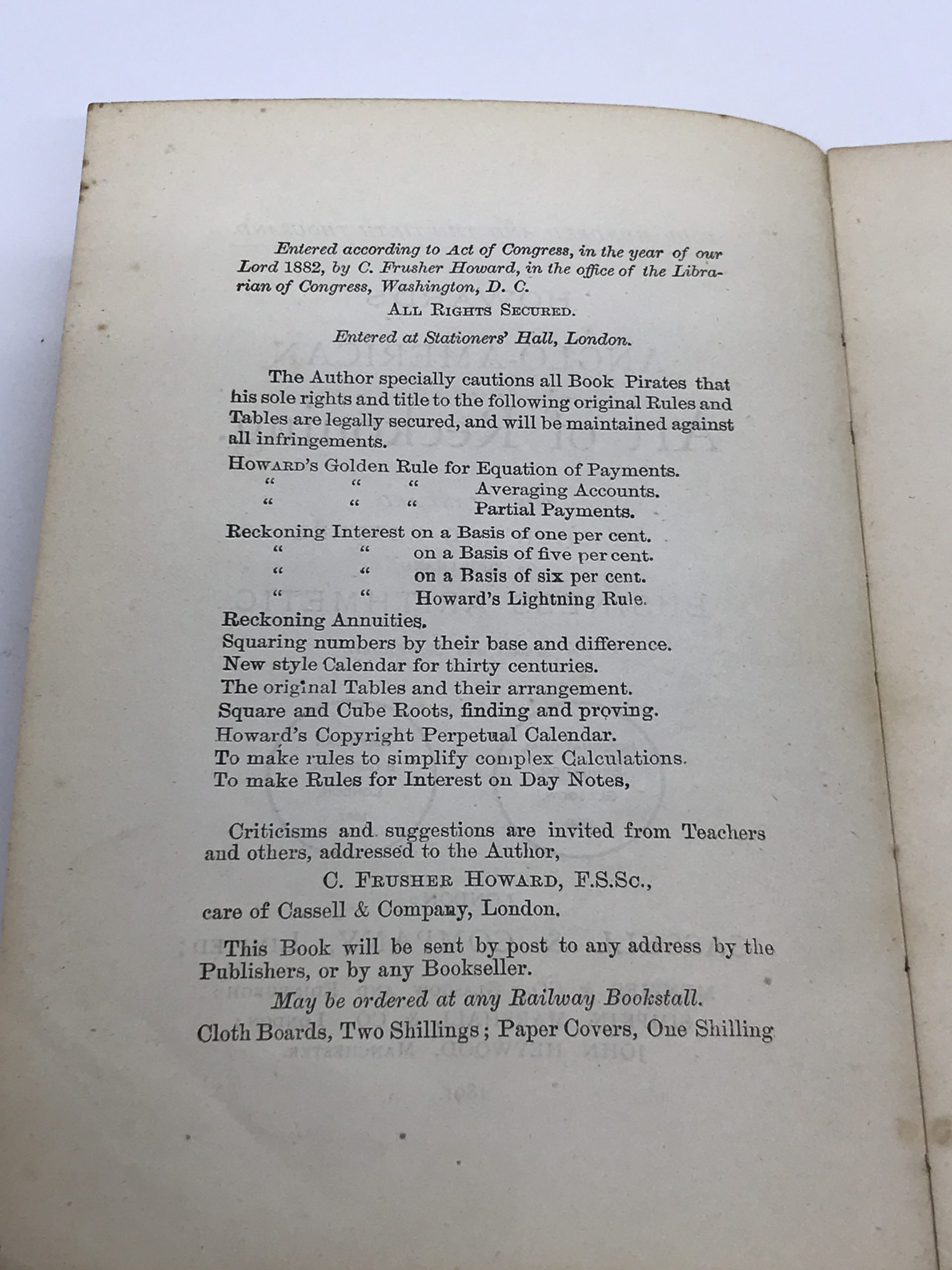 Howards Anglo-American Art of Reckoning Book - 1891 - Vintage Keepsakes