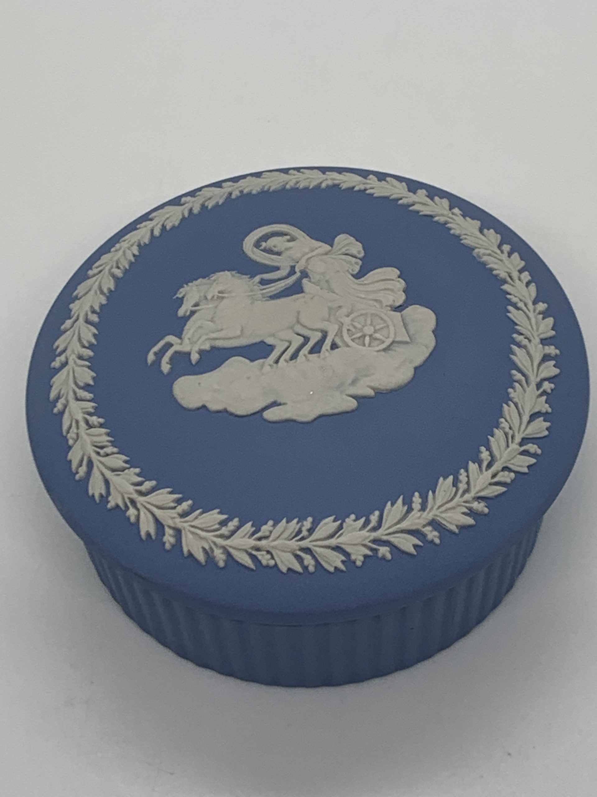 Wedgwood Blue Jasperware Aurora with Chariot. 10cm Round Trinket box ...