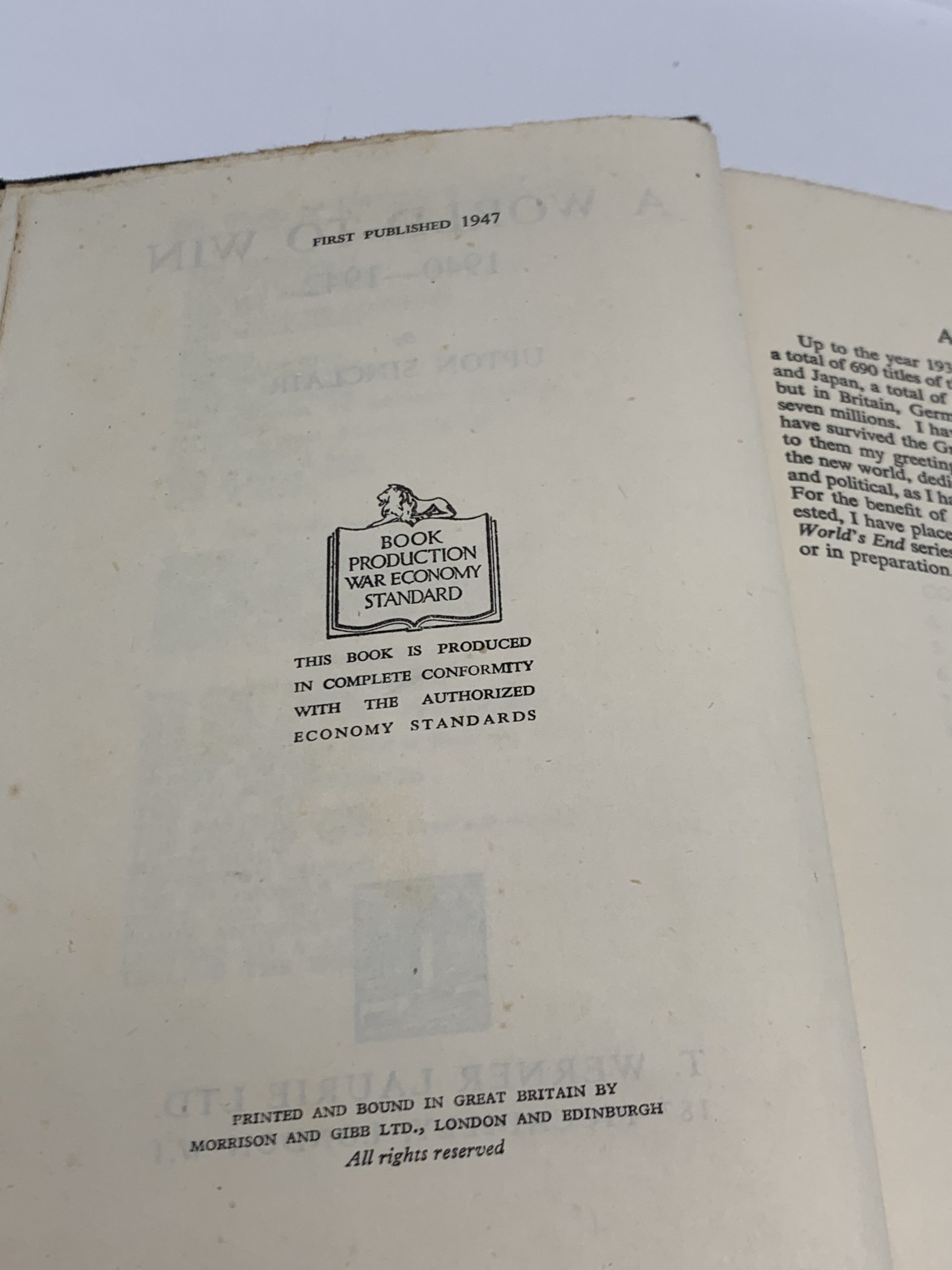 A World to Win - Upton Sinclair - Werner Laurie 1947 - Vintage Keepsakes