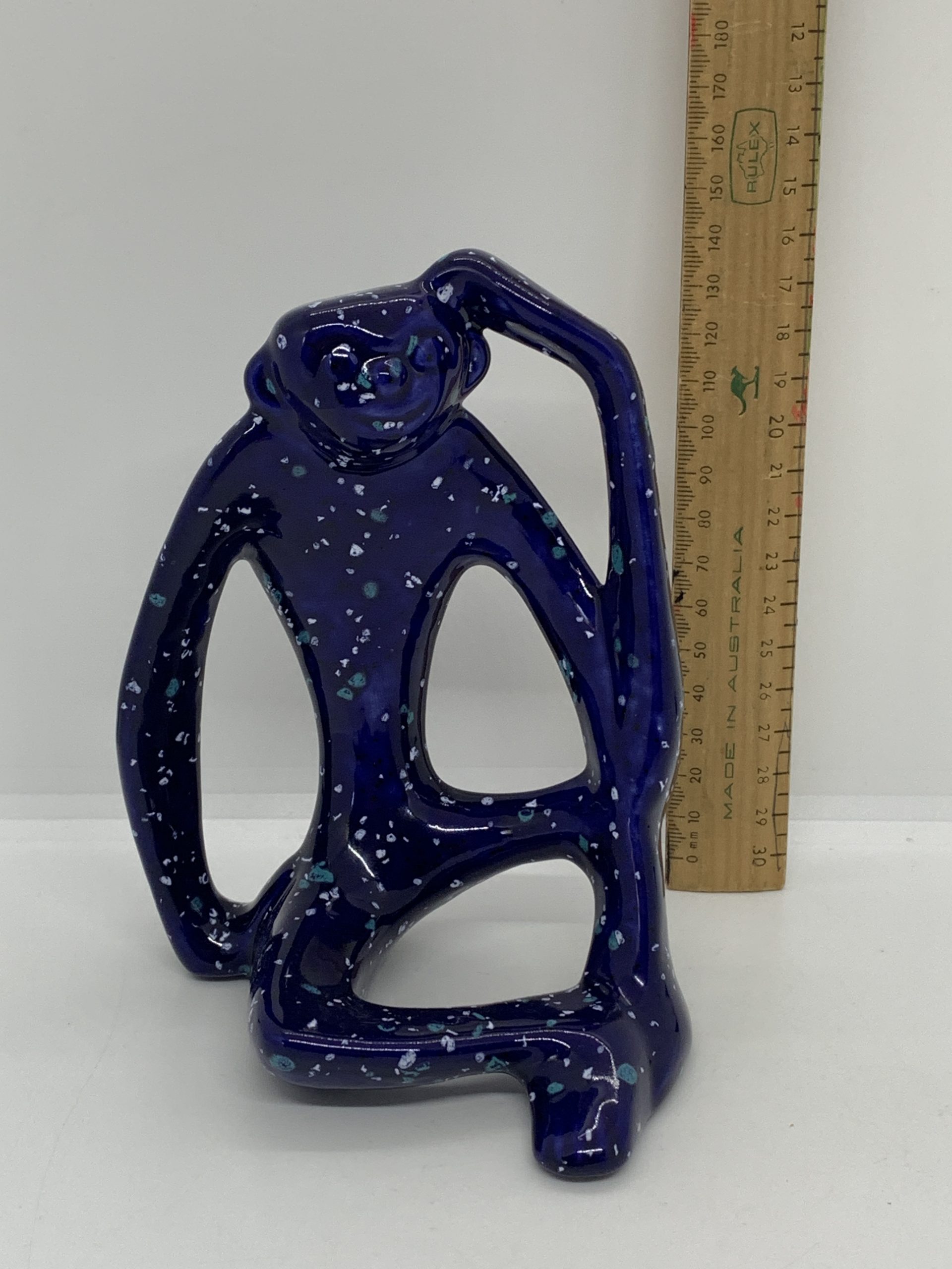 Vintage Mid Century Mottled Blue Glazed Ceramic Pottery Stylised Monkey ...