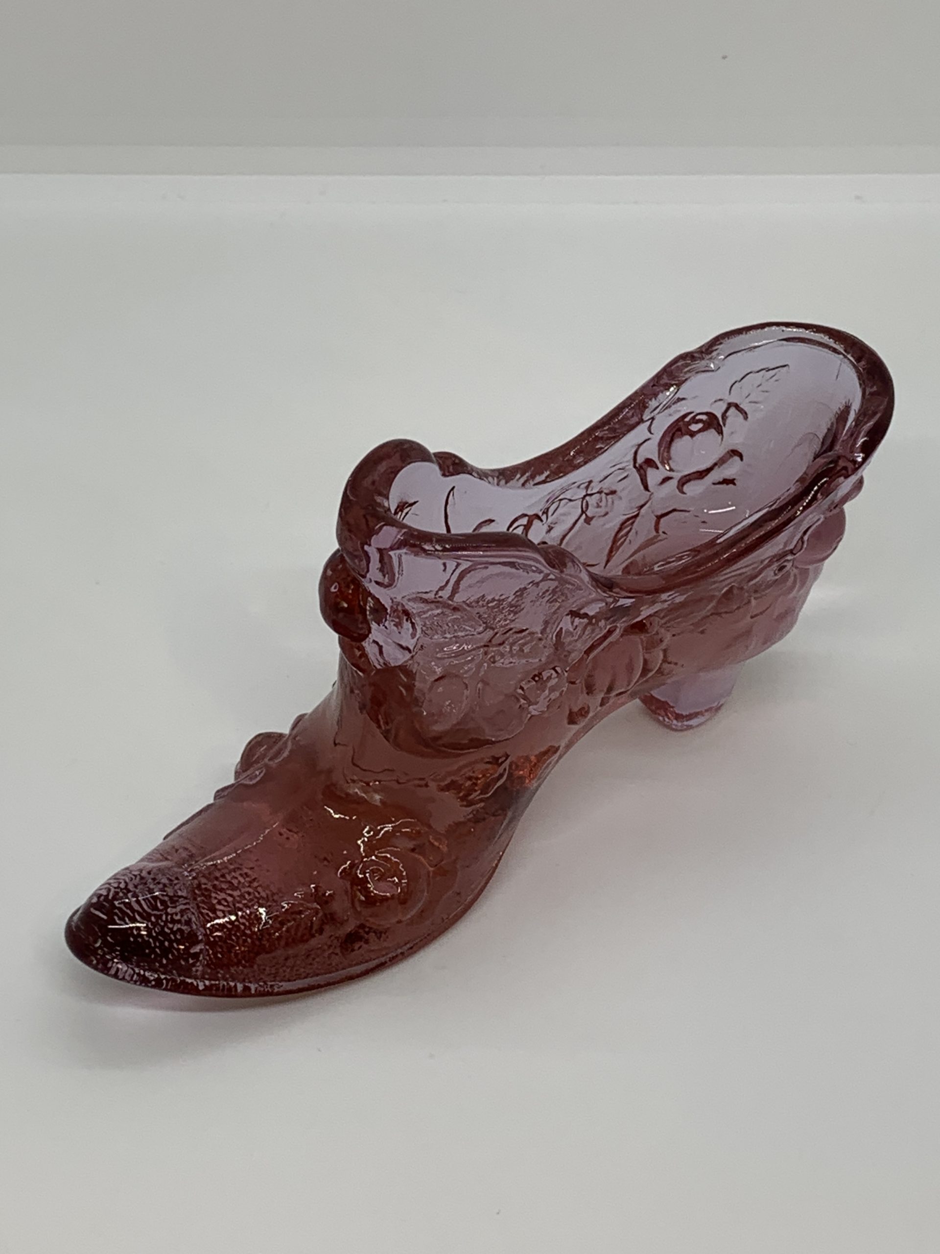 Fenton Cranberry Glass Shoe with Roses - Vintage Keepsakes