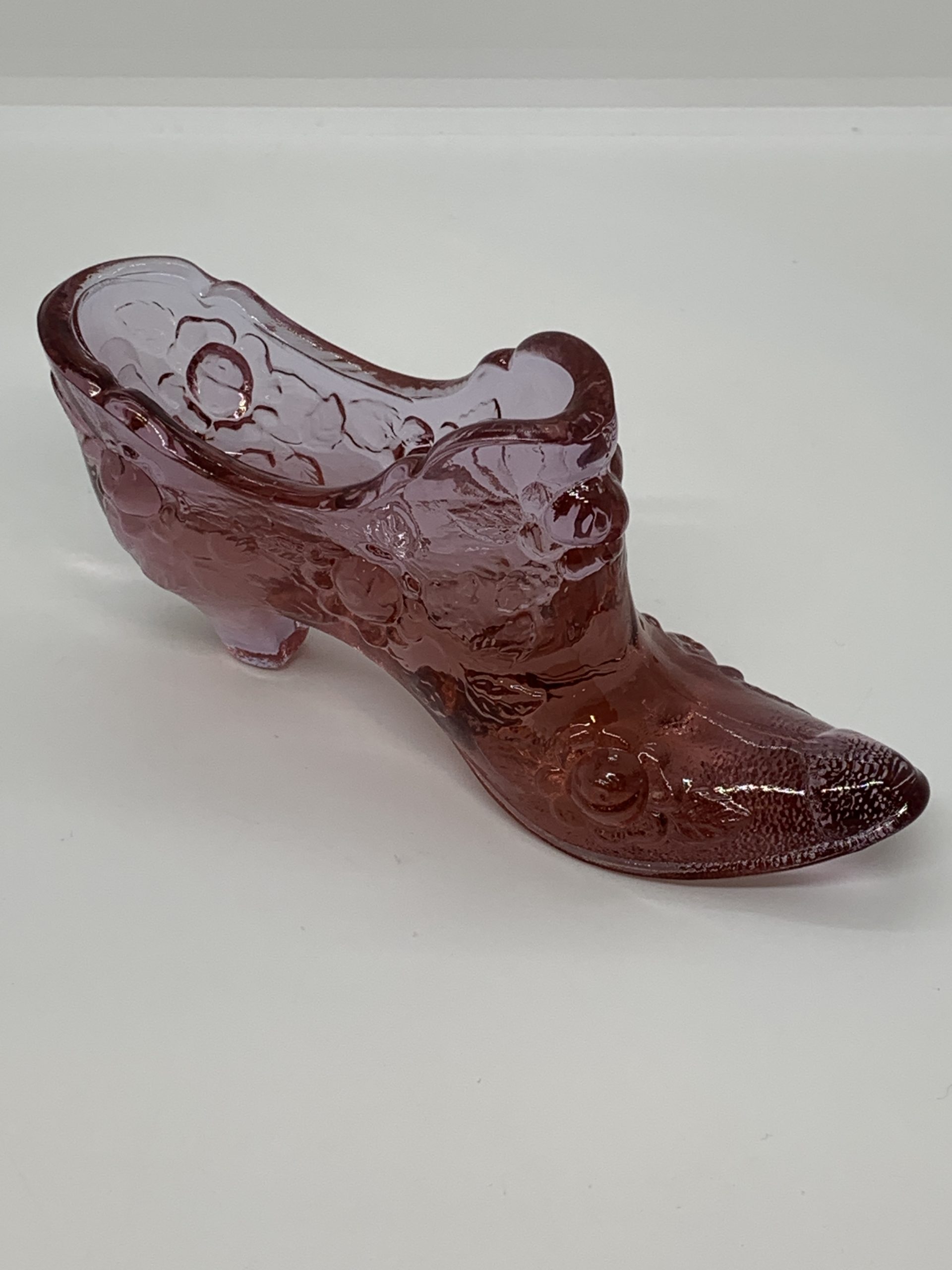 Fenton Cranberry Glass Shoe with Roses - Vintage Keepsakes