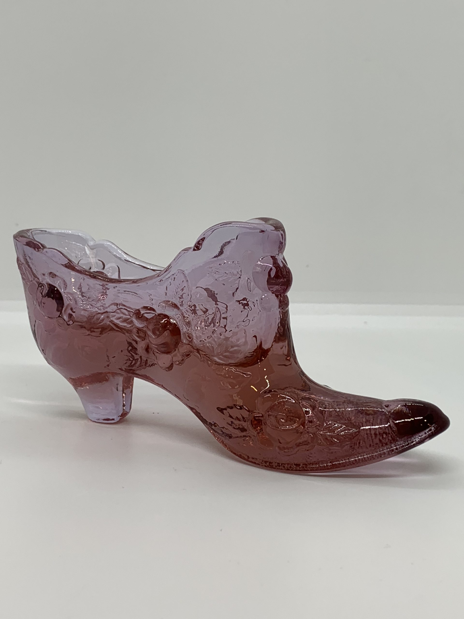 Fenton Cranberry Glass Shoe with Roses - Vintage Keepsakes
