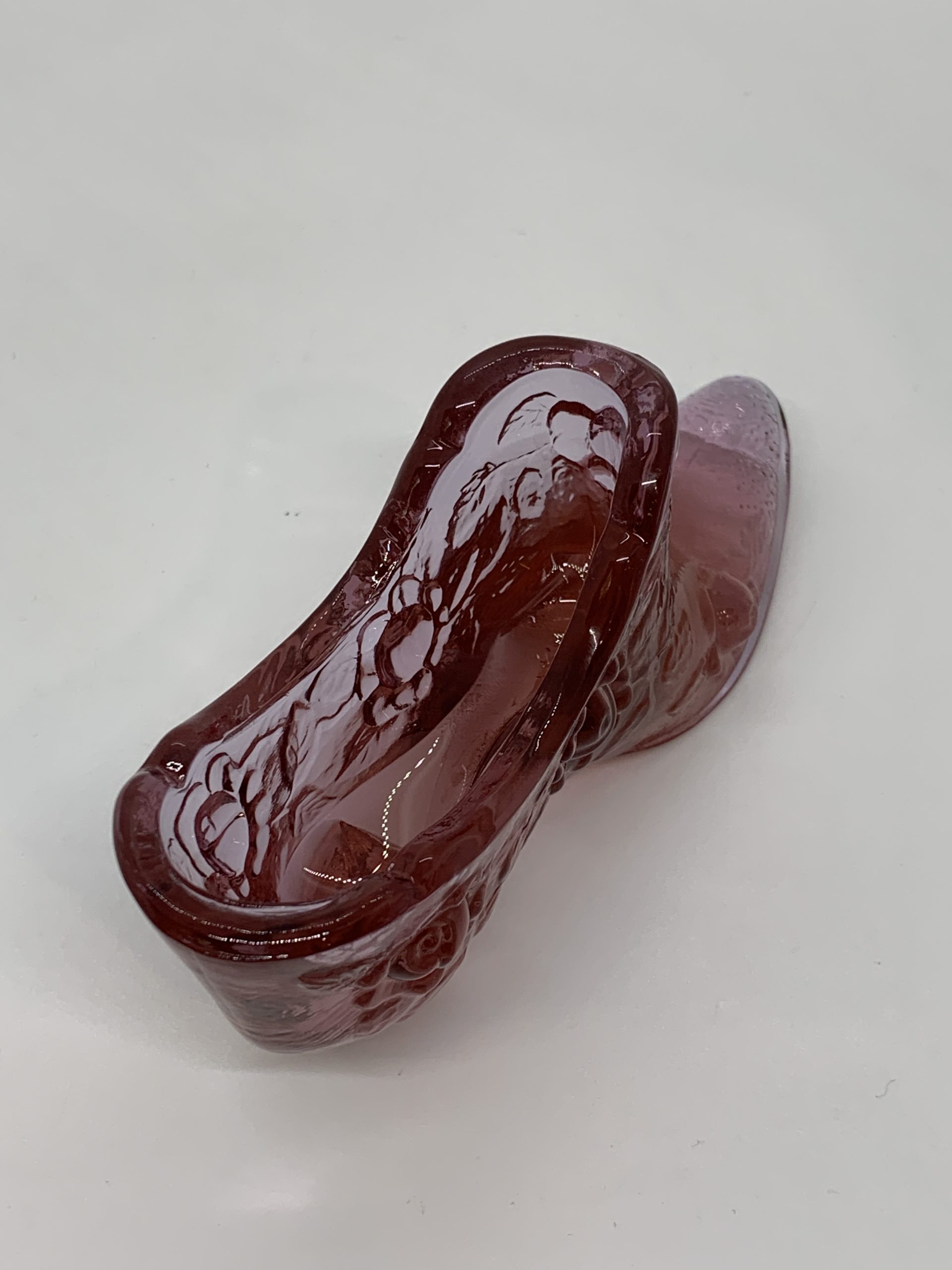 Fenton Cranberry Glass Shoe with Roses - Vintage Keepsakes