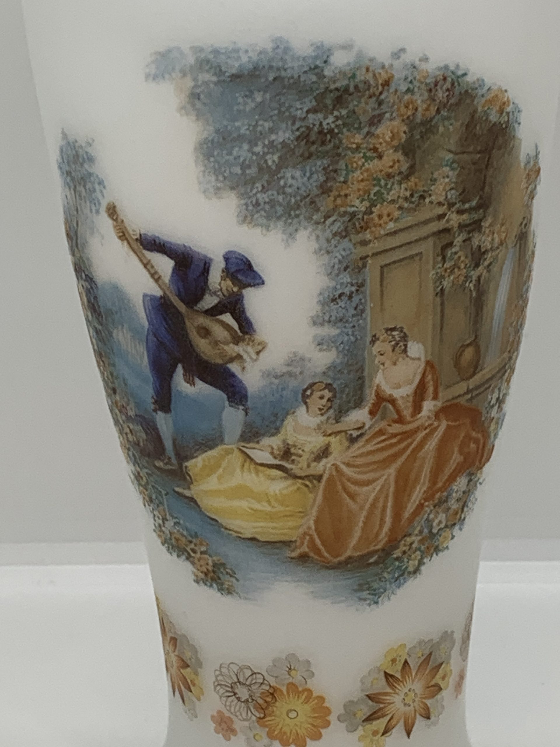 Vintage Opaque Frosted Glass Classical French Courtier Scene Tall Vase ...