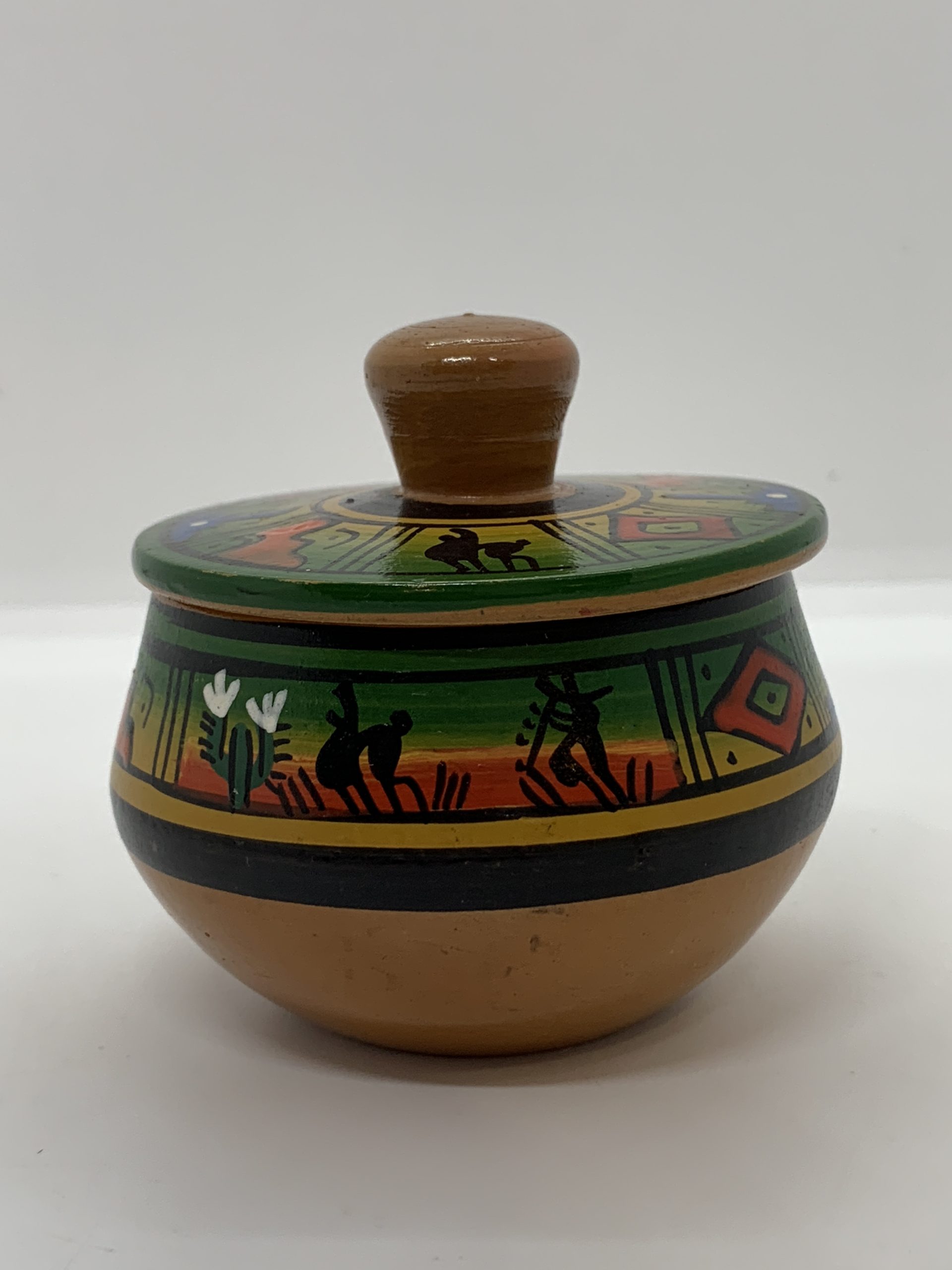 Vintage Peruvian Terracotta Hand Painted Round Trinket Box with lid 7cm ...