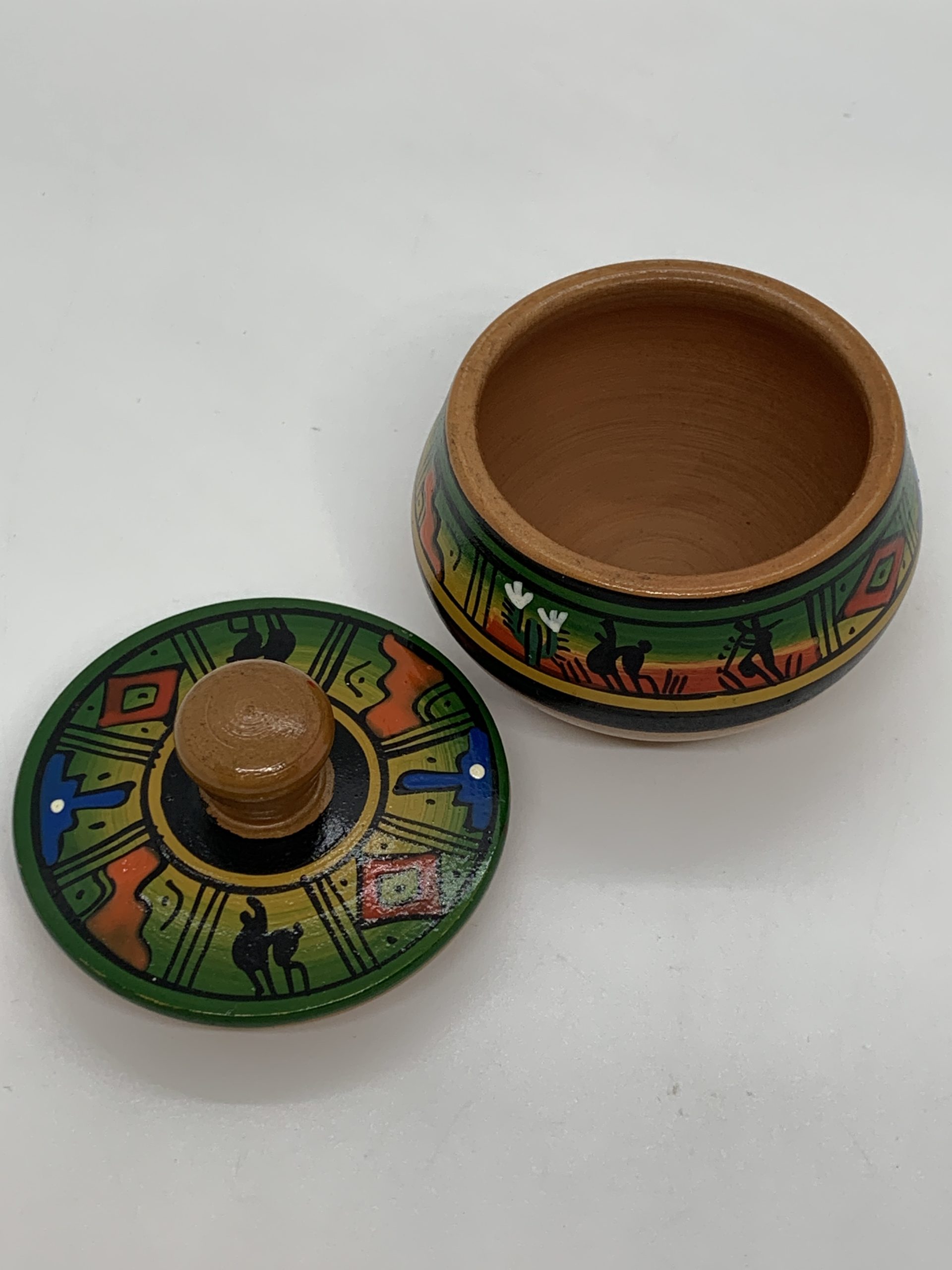 Vintage Peruvian Terracotta Hand Painted Round Trinket Box with lid 7cm ...