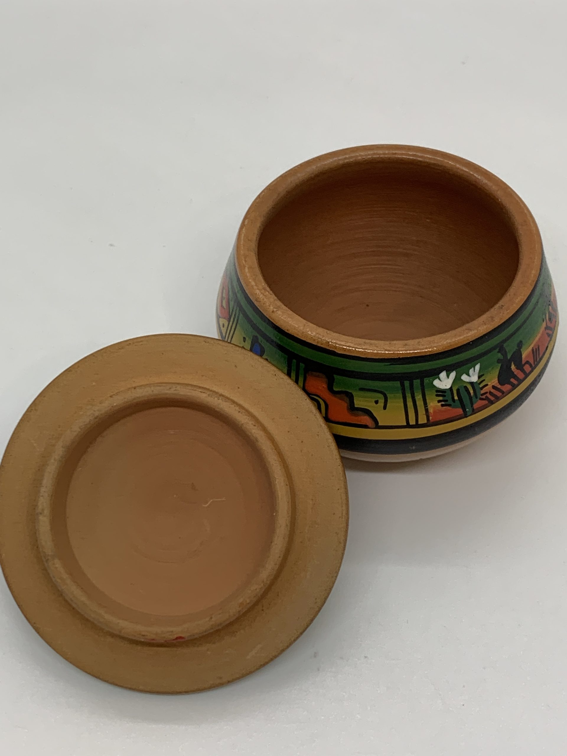 Vintage Peruvian Terracotta Hand Painted Round Trinket Box with lid 7cm ...