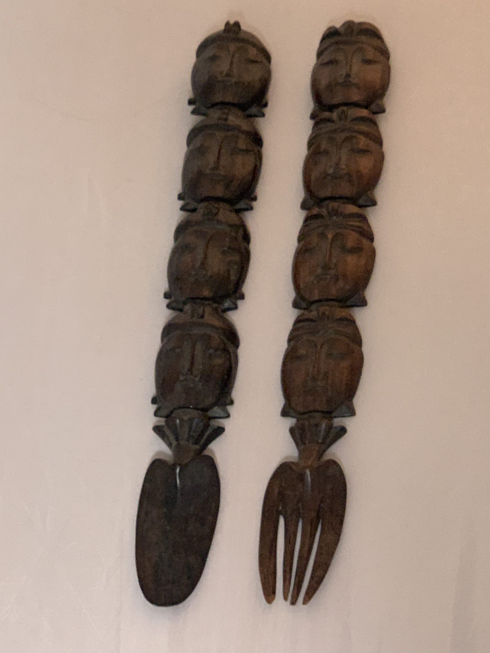 Vintage Tribal Indonesian Ebonised Wood Carved 4 Head Totem Fork and ...