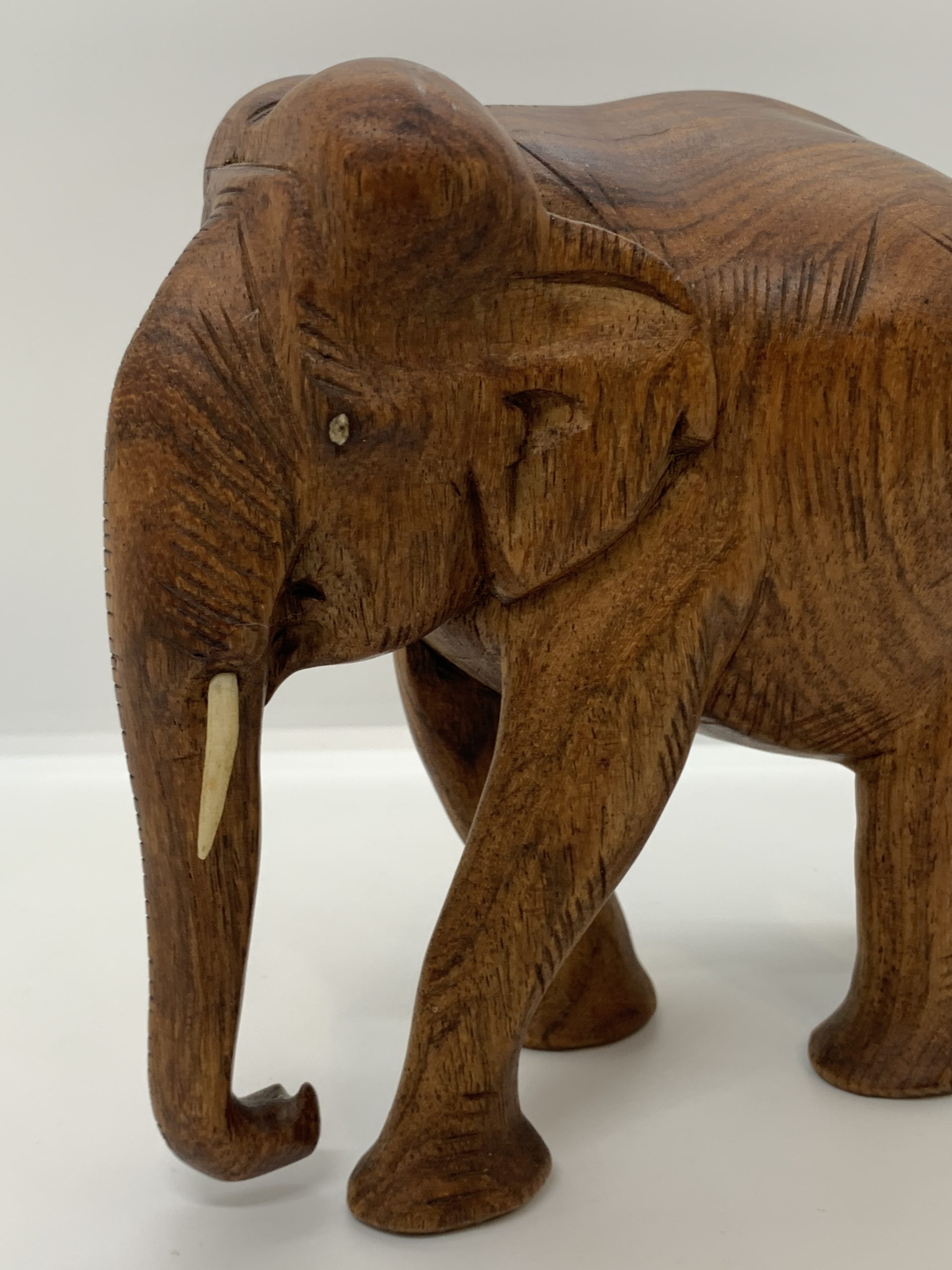 Wooden Carved Elephant 16cm tall (one tusk) - Vintage Keepsakes