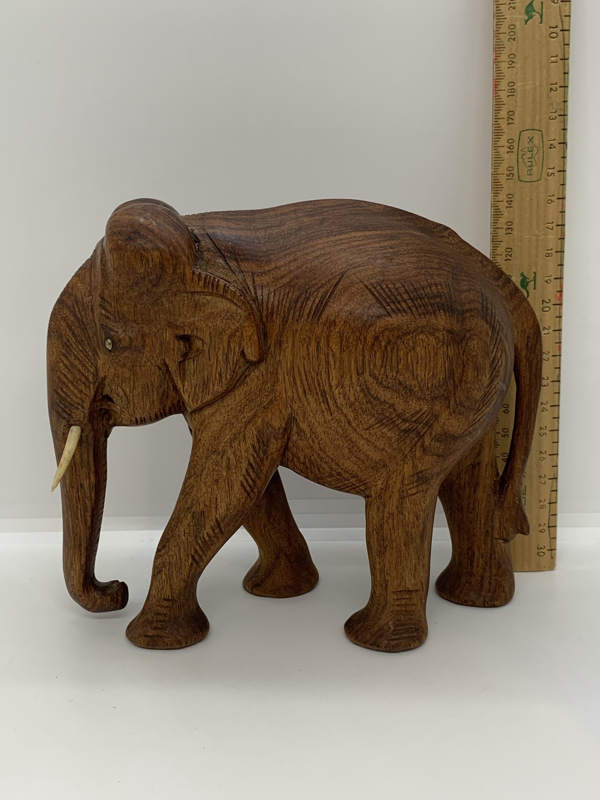 Wooden Carved Elephant 16cm tall (one tusk) - Vintage Keepsakes