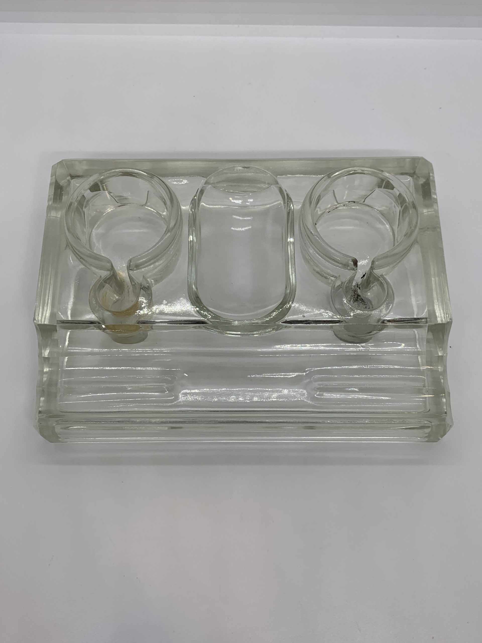 Vintage Pressed Glass Double Inkwell with Pen Rest - Vintage Keepsakes