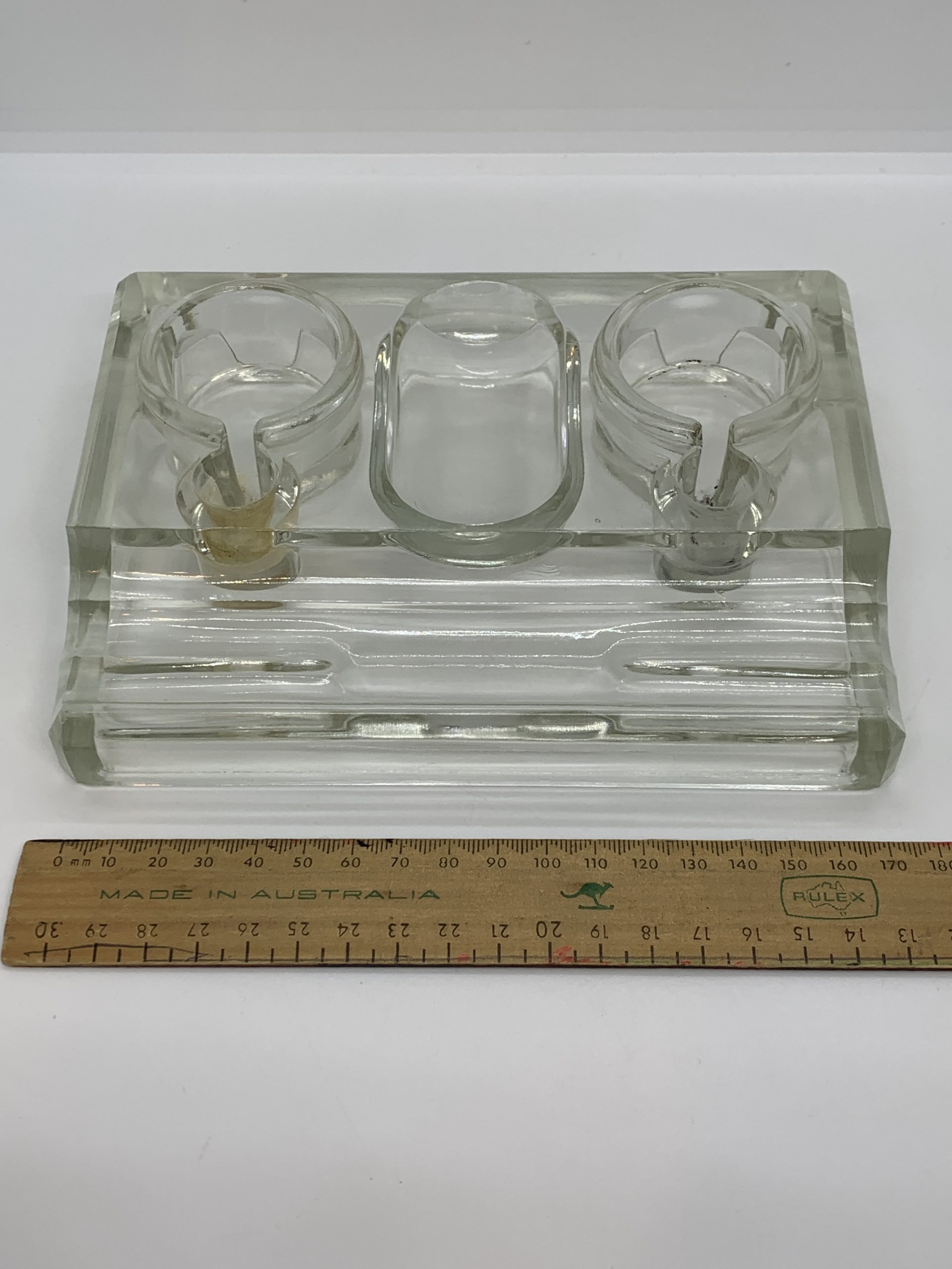 Vintage Pressed Glass Double Inkwell with Pen Rest - Vintage Keepsakes