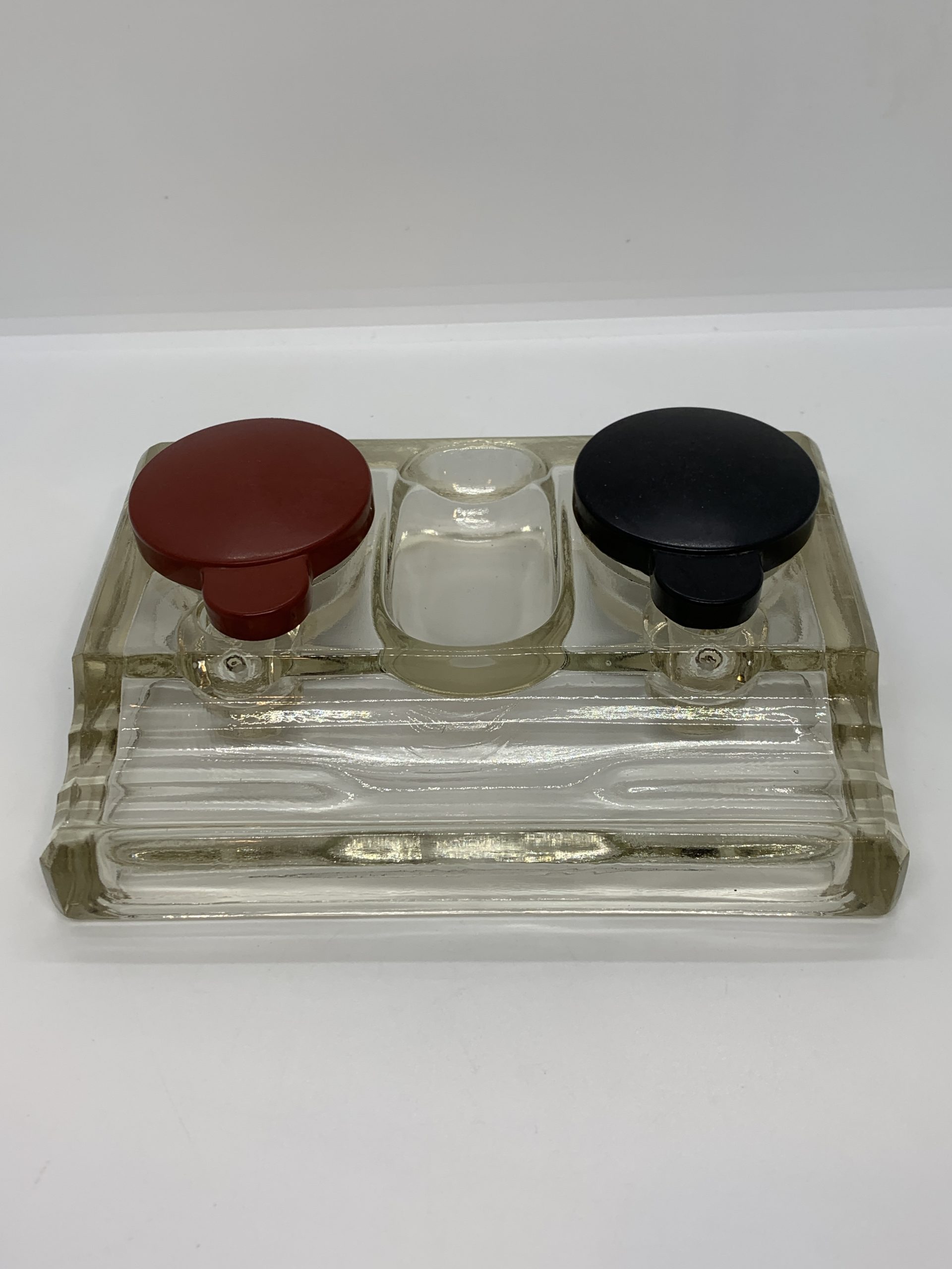 Vintage Pressed Glass Double Inkwell with Pen Rest and Bakelite Lids ...