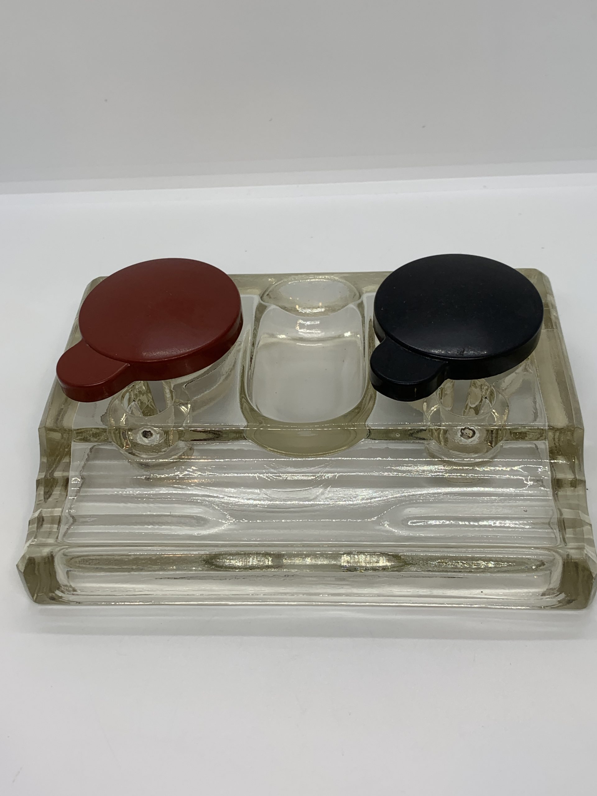 Vintage Pressed Glass Double Inkwell with Pen Rest and Bakelite Lids ...