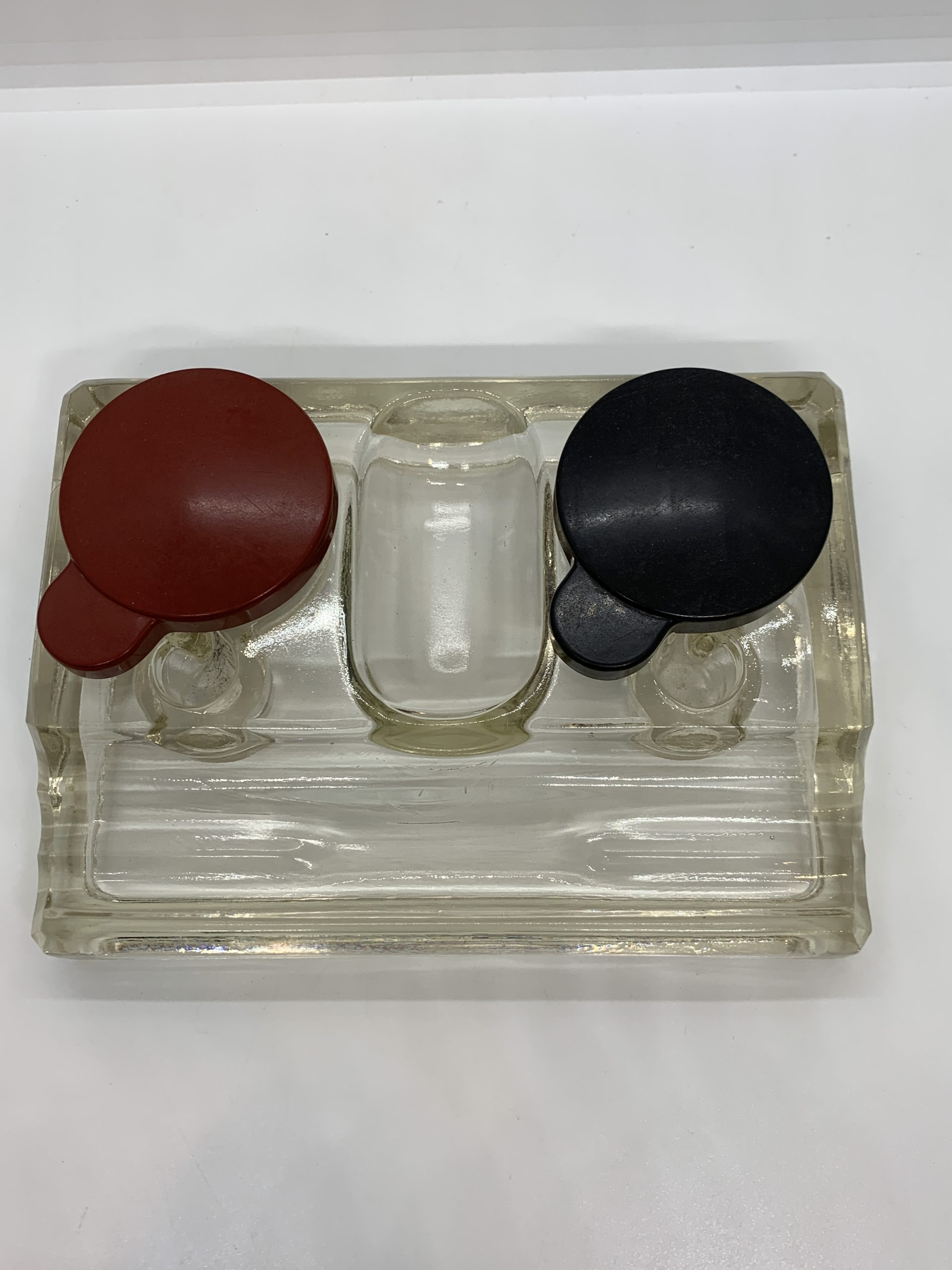 Vintage Pressed Glass Double Inkwell with Pen Rest and Bakelite Lids ...