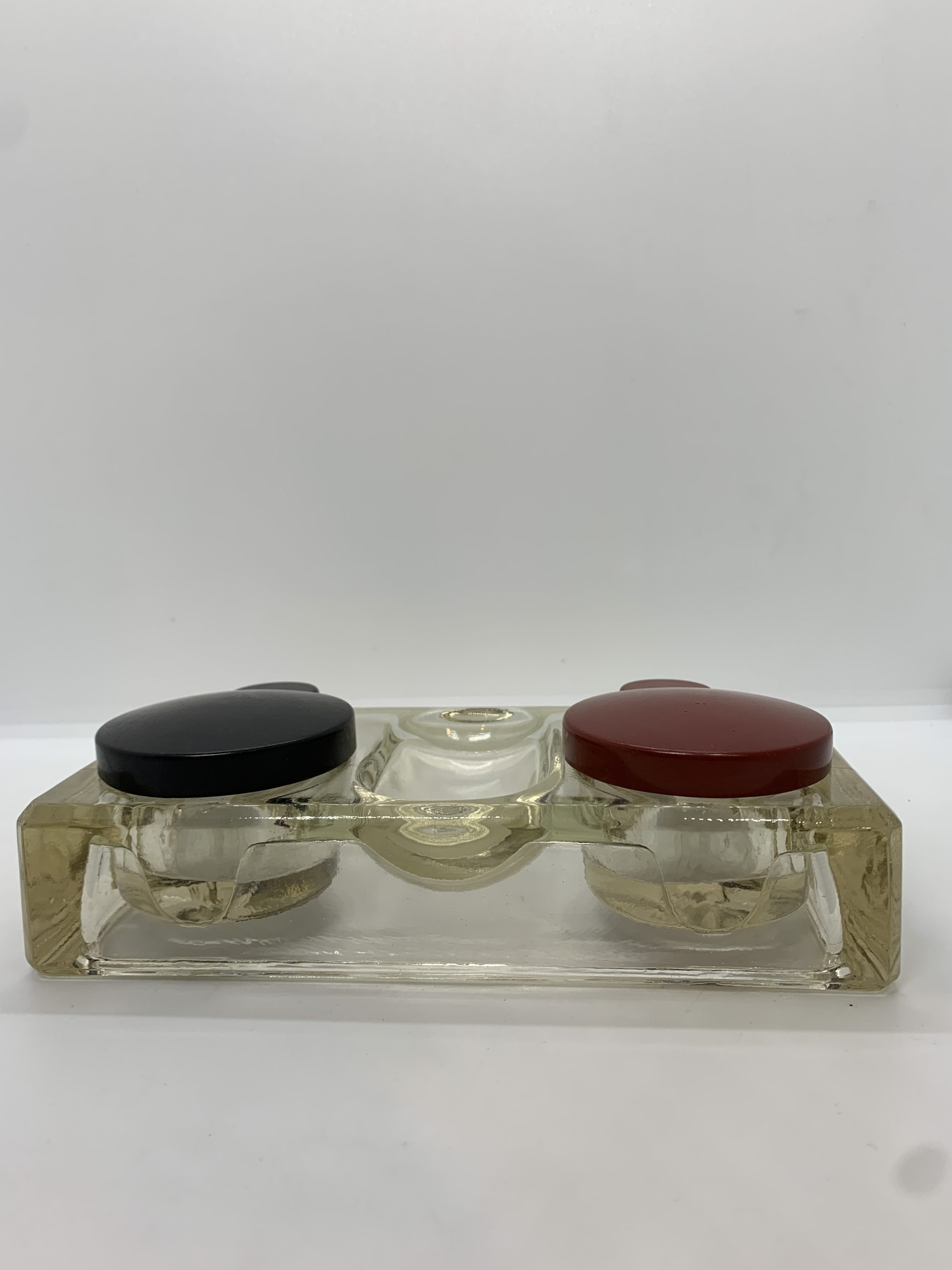 Vintage Pressed Glass Double Inkwell with Pen Rest and Bakelite Lids ...