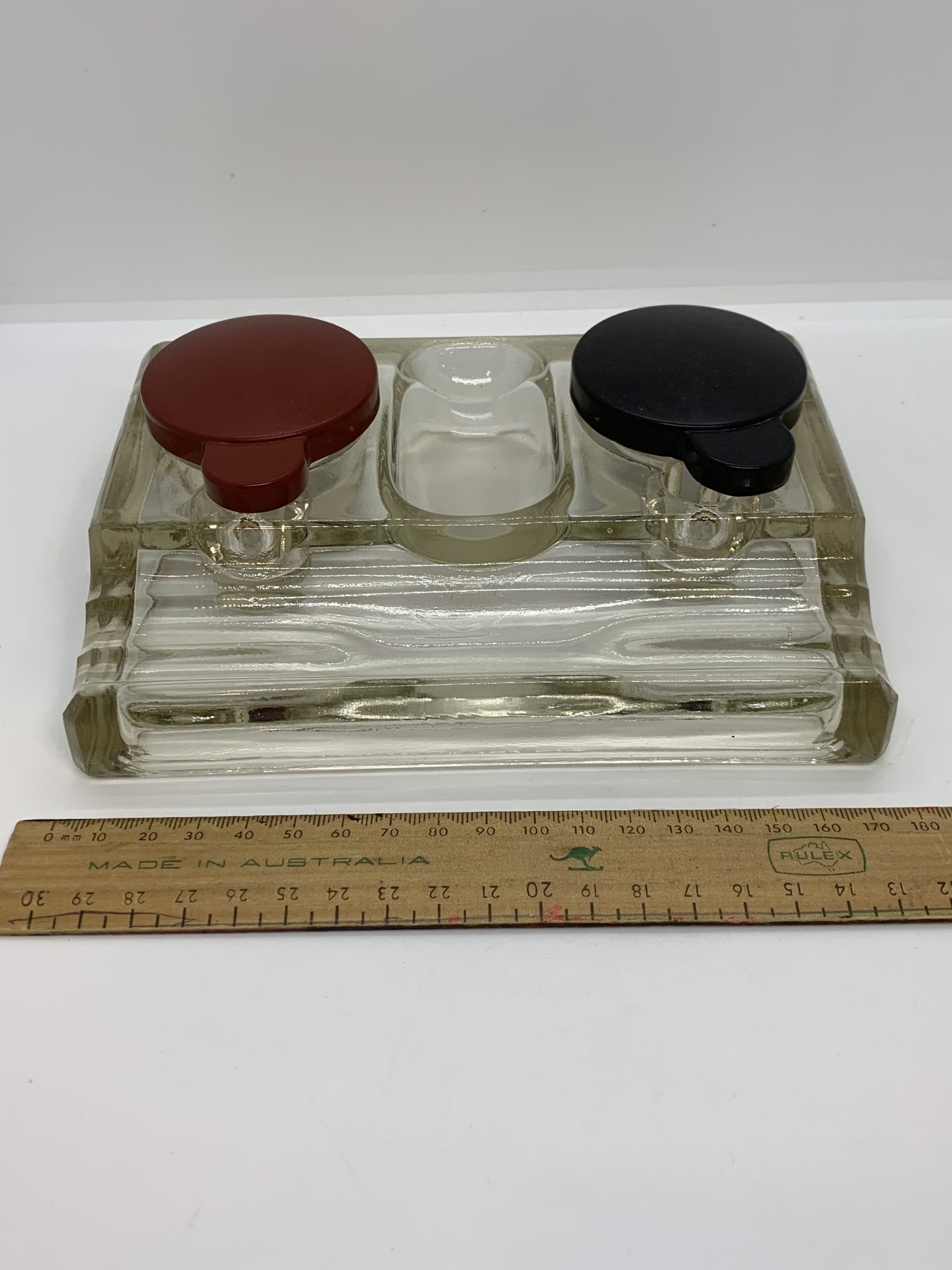 Vintage Pressed Glass Double Inkwell with Pen Rest and Bakelite Lids ...