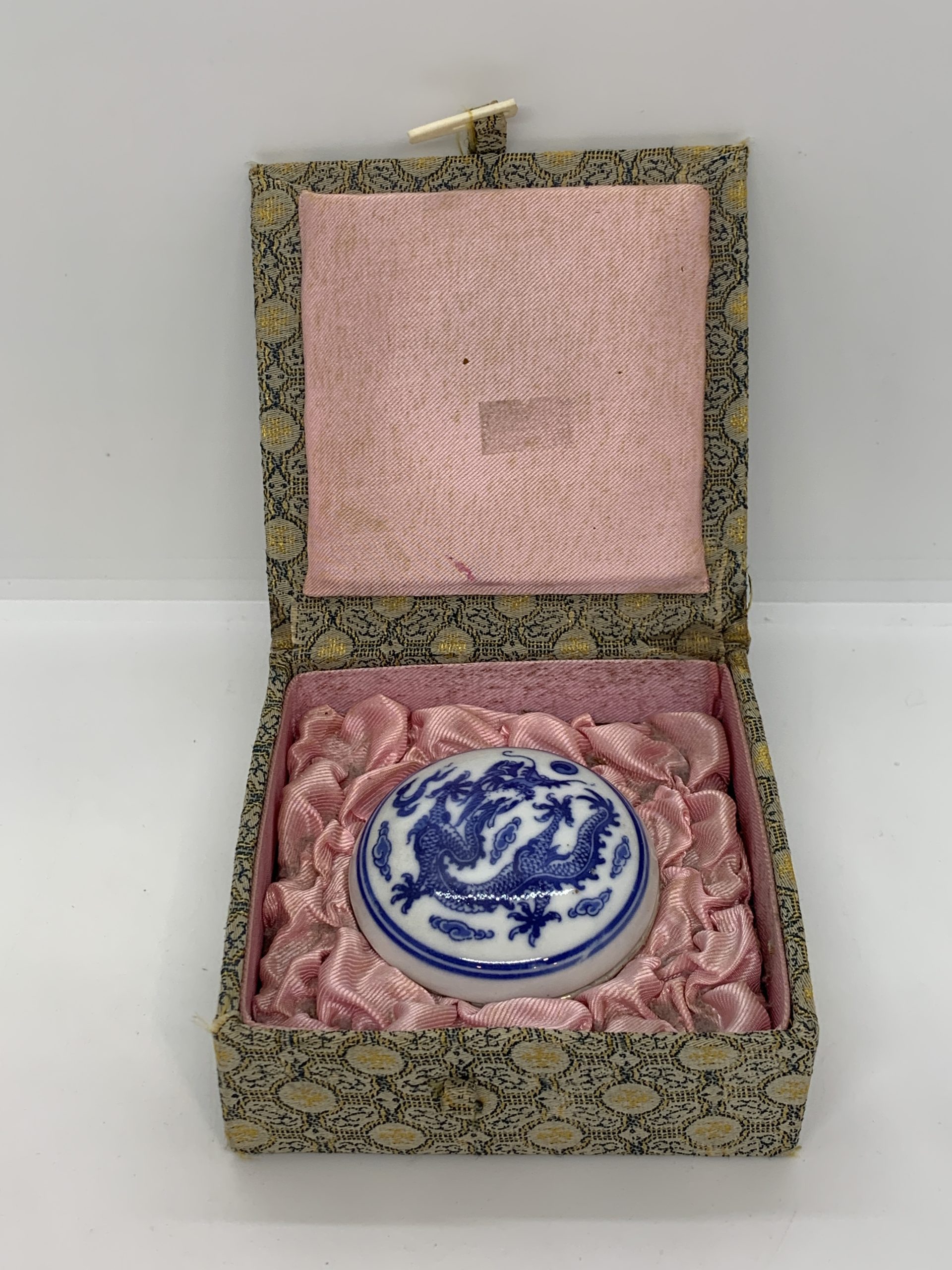 Chinese Red Paste Ink in a Dragon Design Ceramic Dish and Silk Lined ...